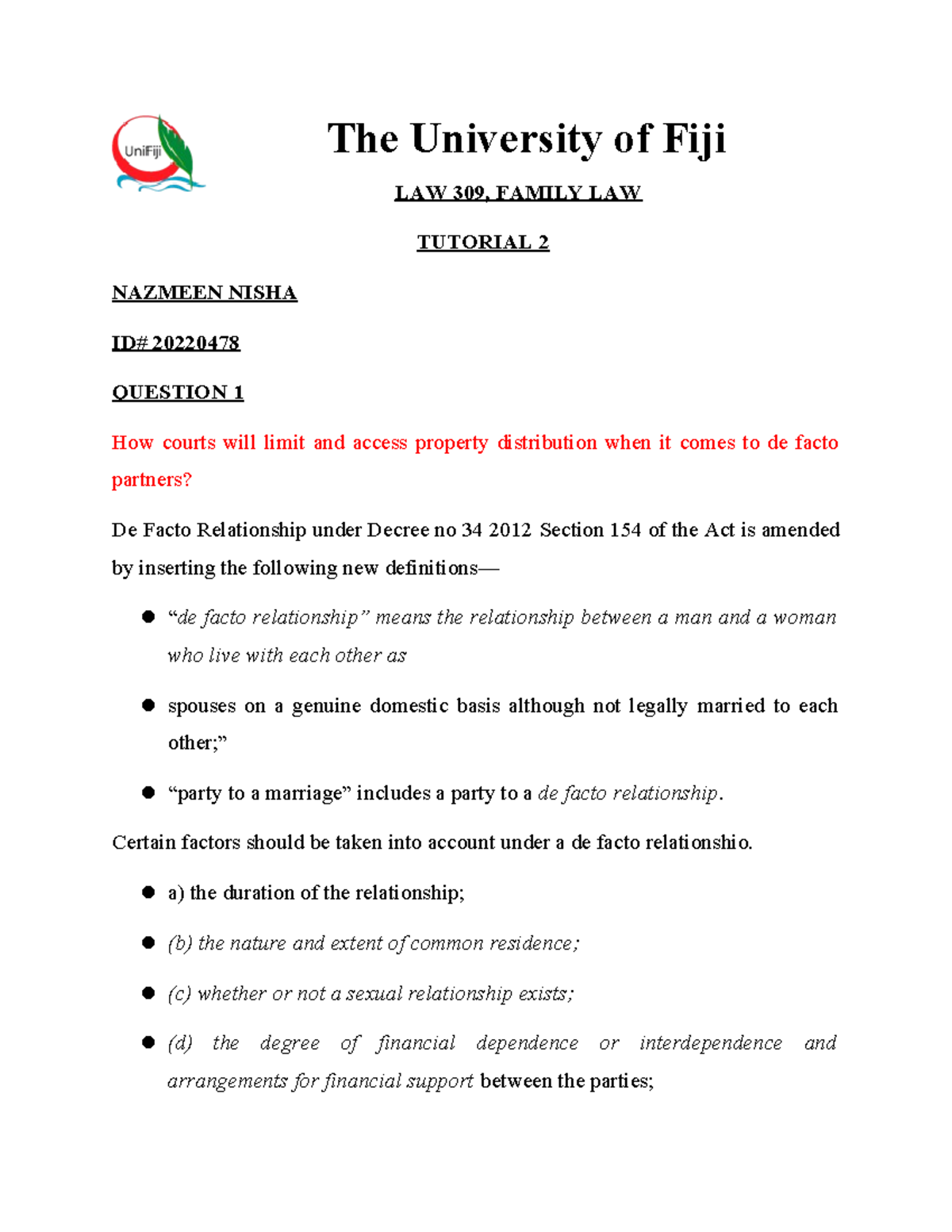 Tutorial 2 LAW 309 - The University of Fiji LAW 309, FAMILY LAW ...