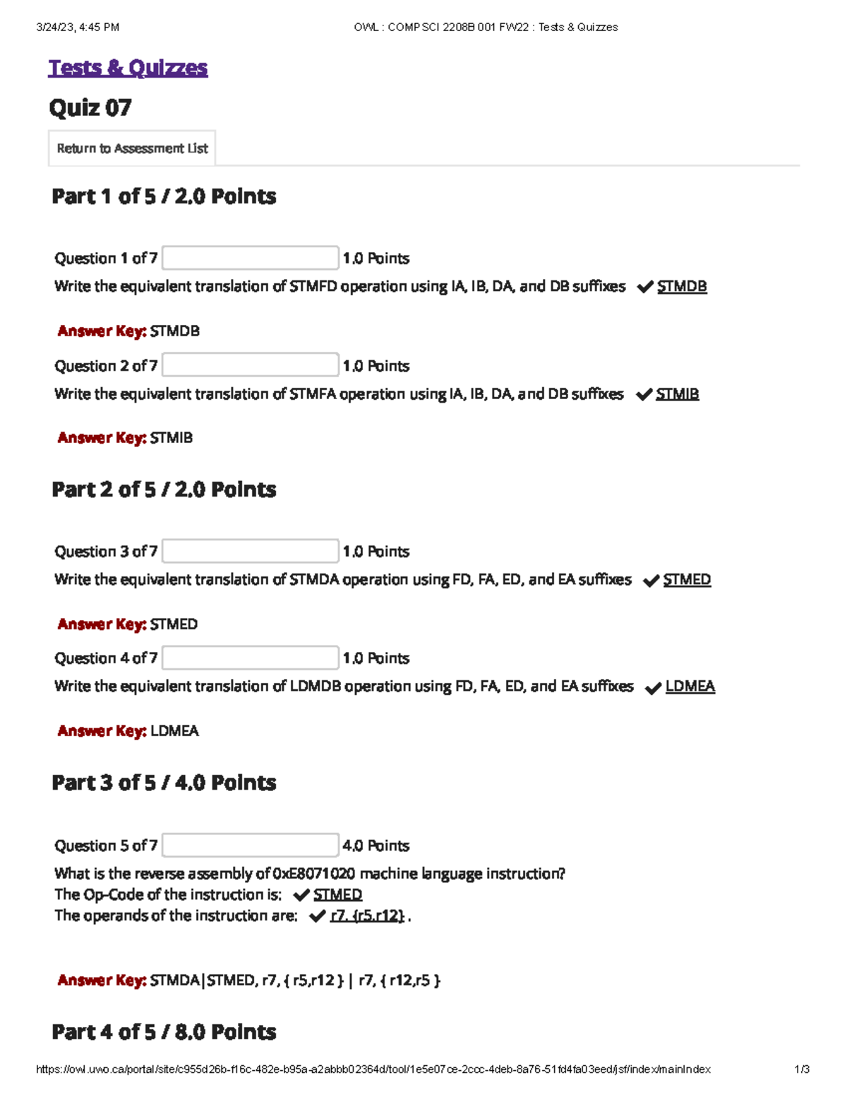Quiz7-2 - quiz 7 of cs2208 - 3/24/23, 4:45 PM OWL : COMPSCI 2208B 001 ...