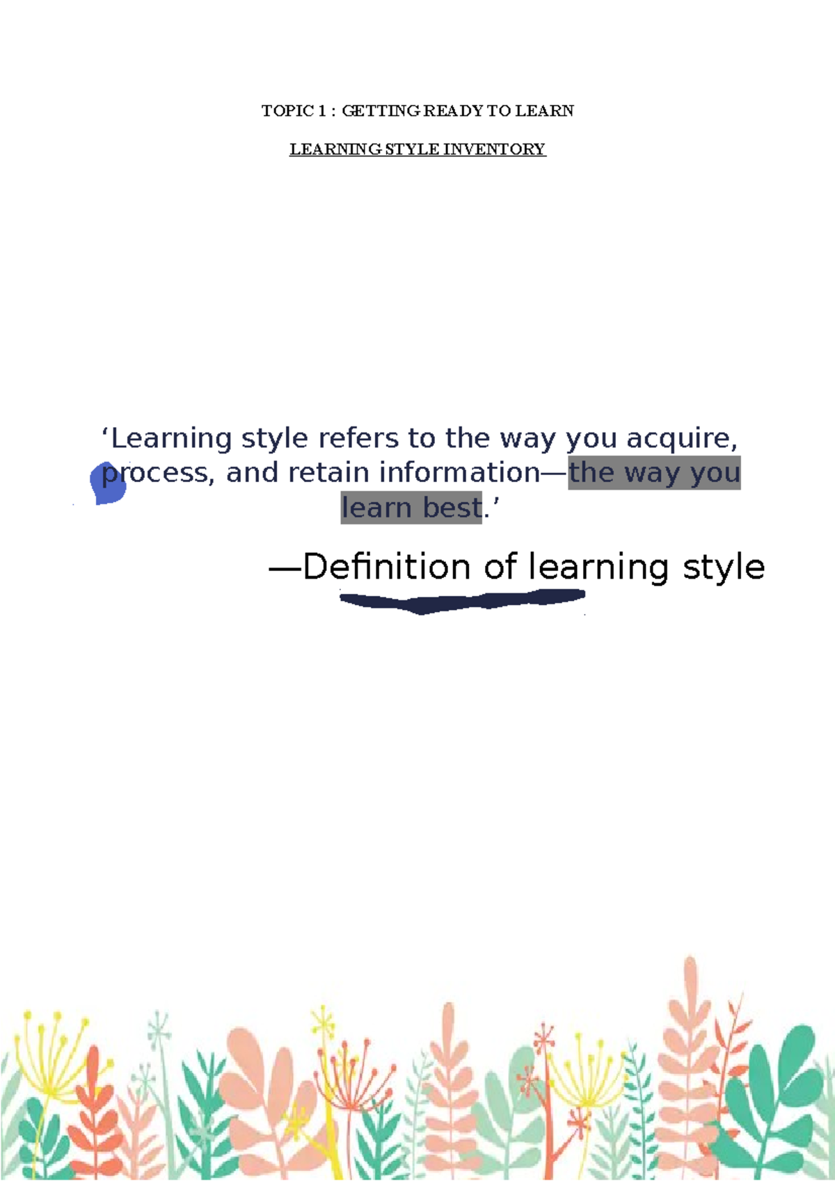 UED 102 Portfolio topic - ####### TOPIC 1 : GETTING READY TO LEARN ...