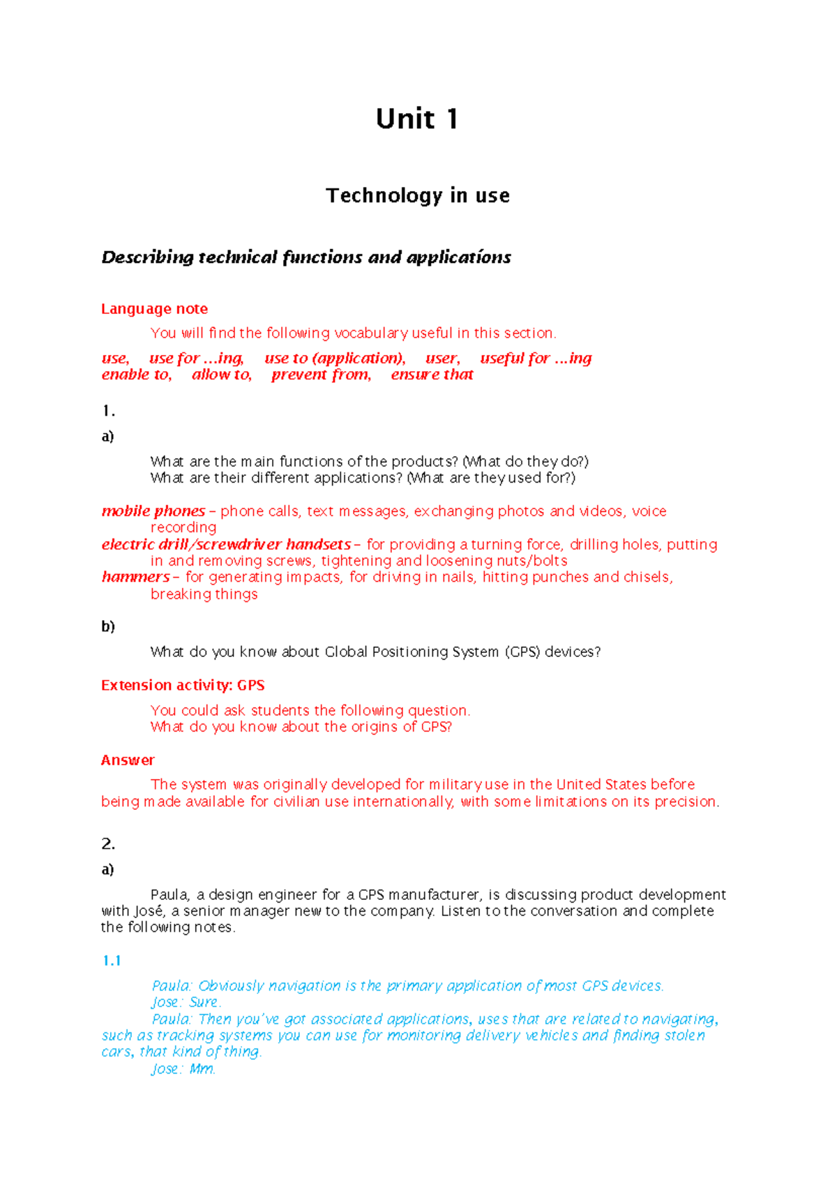 Toaz - anwers of crambrige - Unit 1 Technology in use Describing technical functions and - Studocu