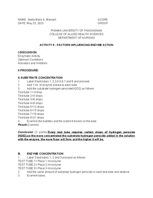 (BIO24)LAB Activity 7- Enzyme - Name: Stella Maris A. Mamaril Date: May 23, Group: - Studocu