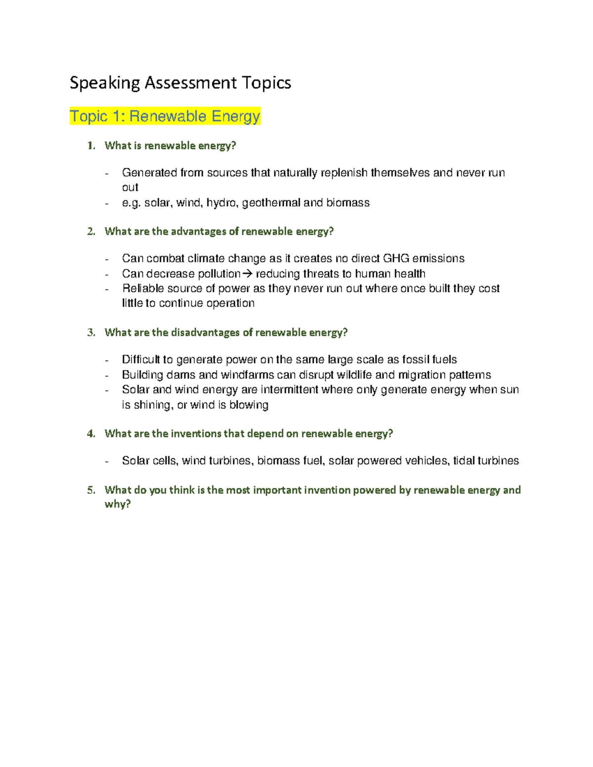 Speaking Assessment Topics - Speaking Assessment Topics Topic 1 ...