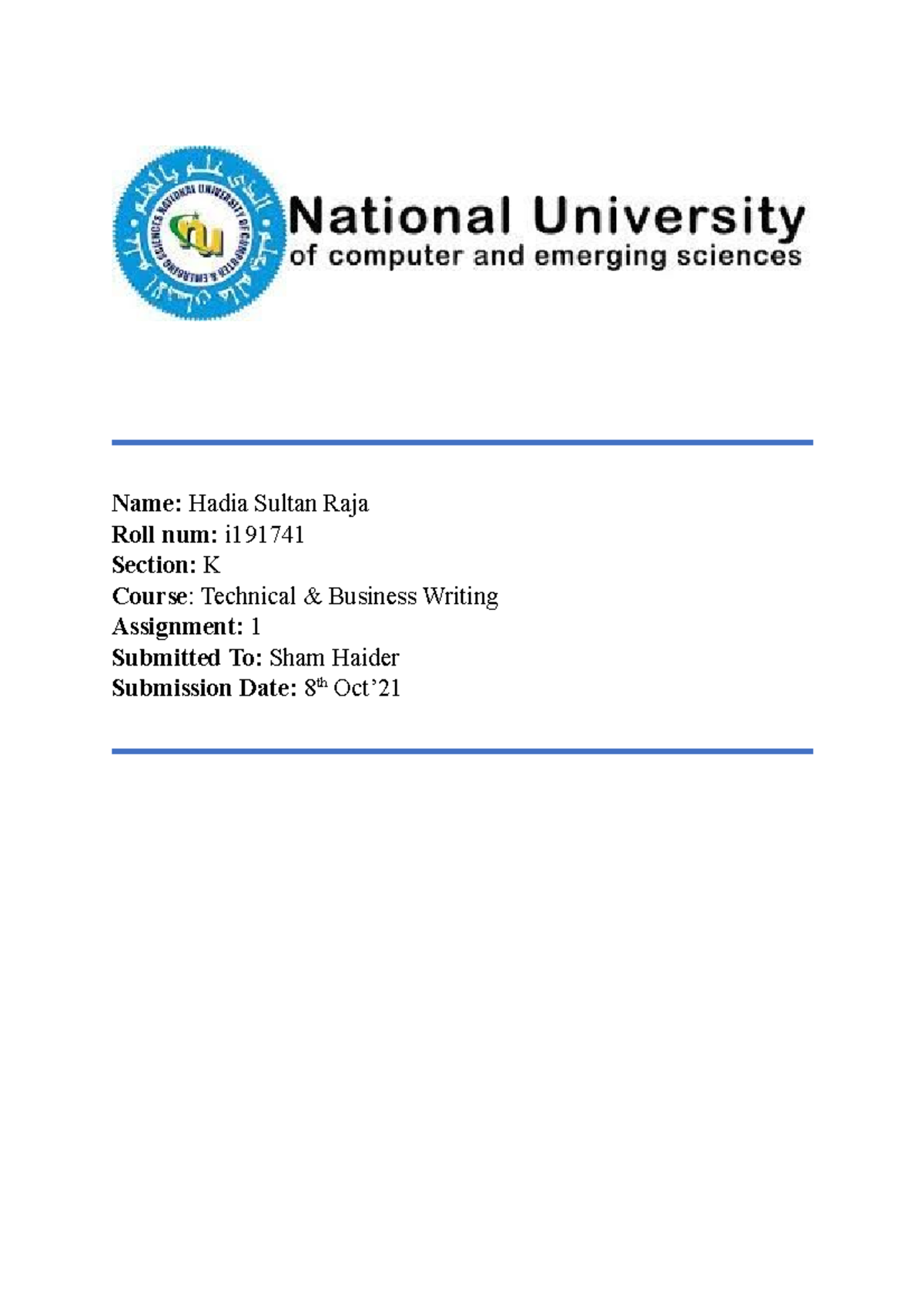 A1 - A cover letter sample - Name: Hadia Sultan Raja Roll num: i ...