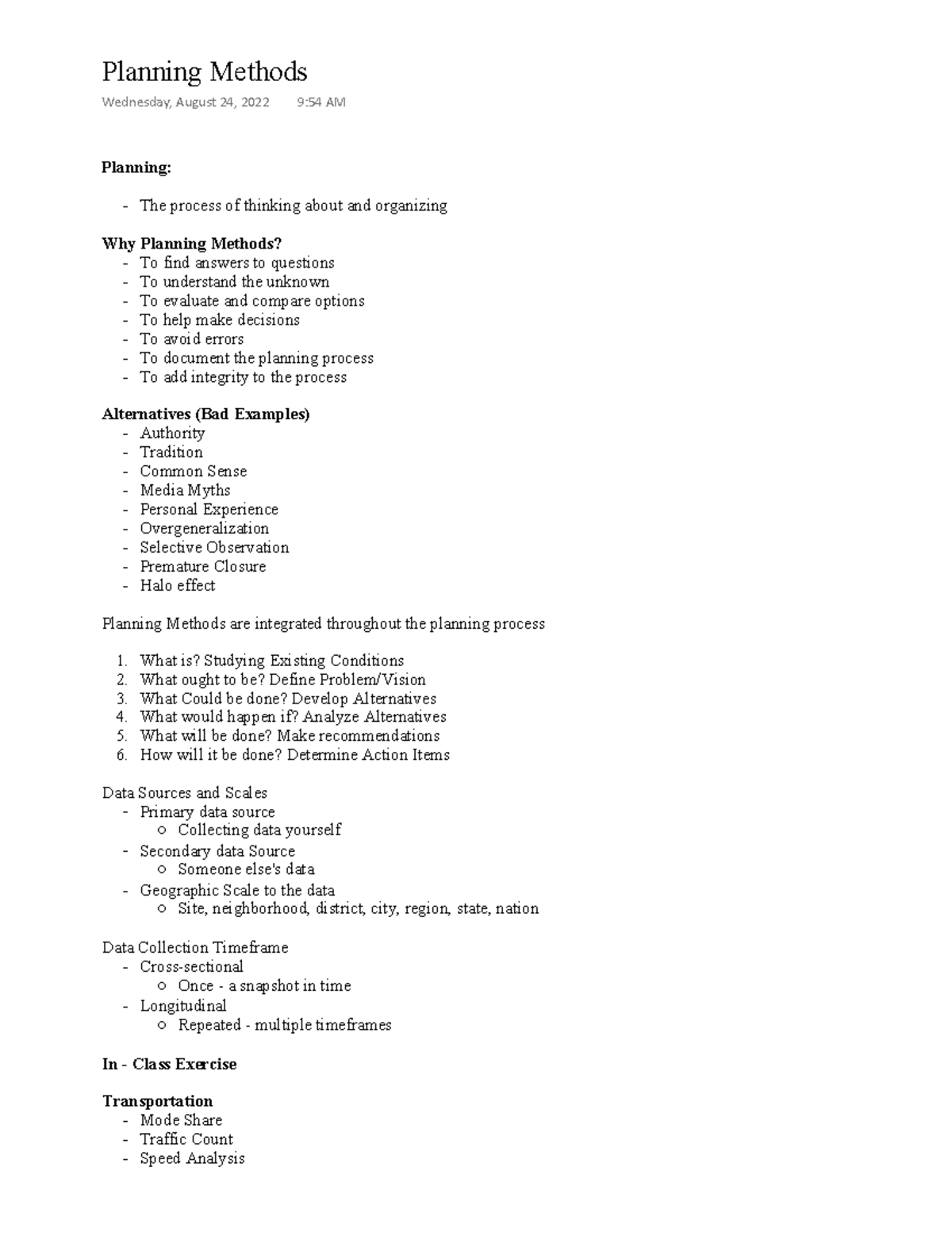 Planning Methods Lecture Notes - Planning: The process of thinking ...