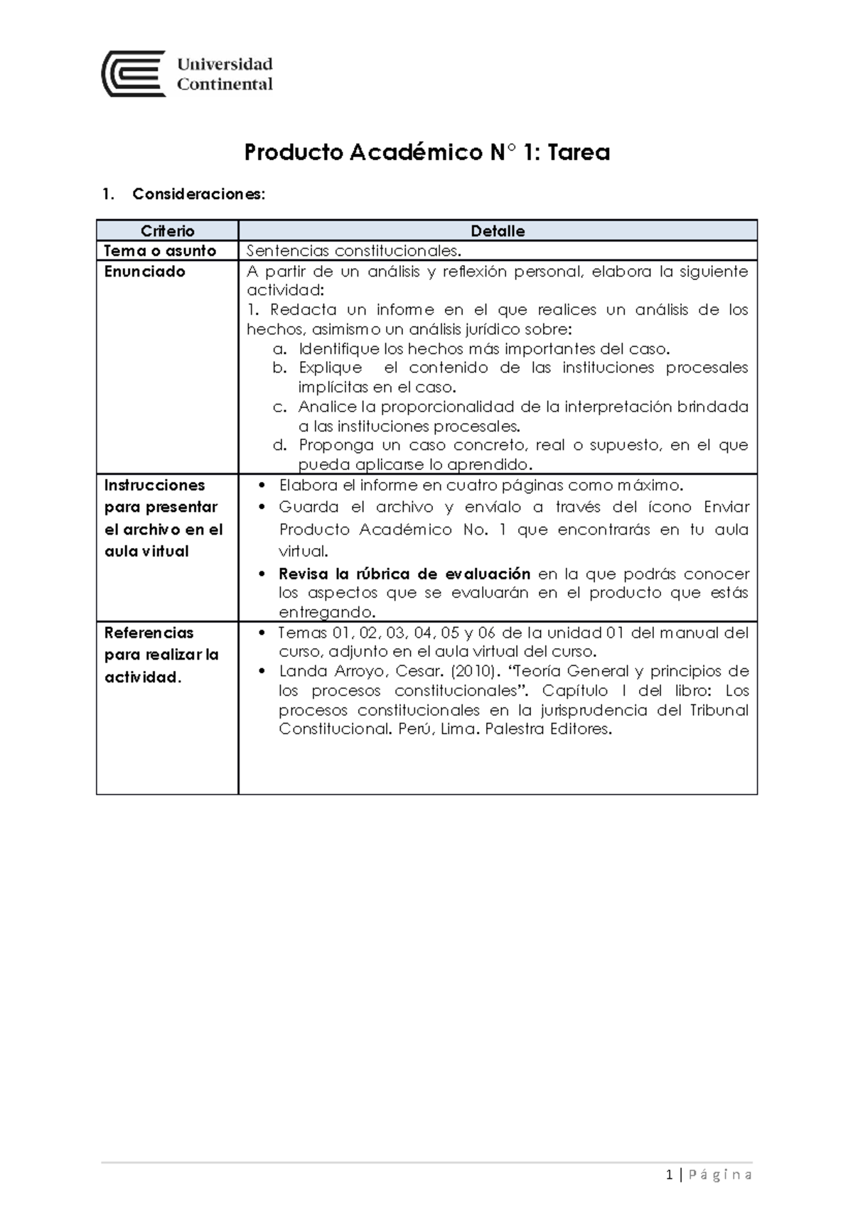 Producto Unidad 1 - Producto Académico N° 1: Tarea 1. Consideraciones: Criterio Detalle Tema o ...
