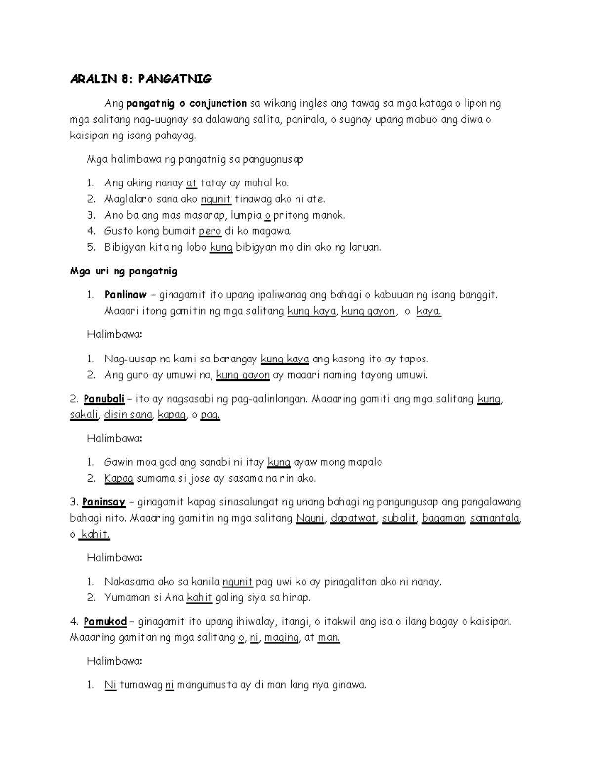 Filipino 5 WEEK 2 - modules - ARALIN 8: PANGATNIG Ang pangatnig o ...