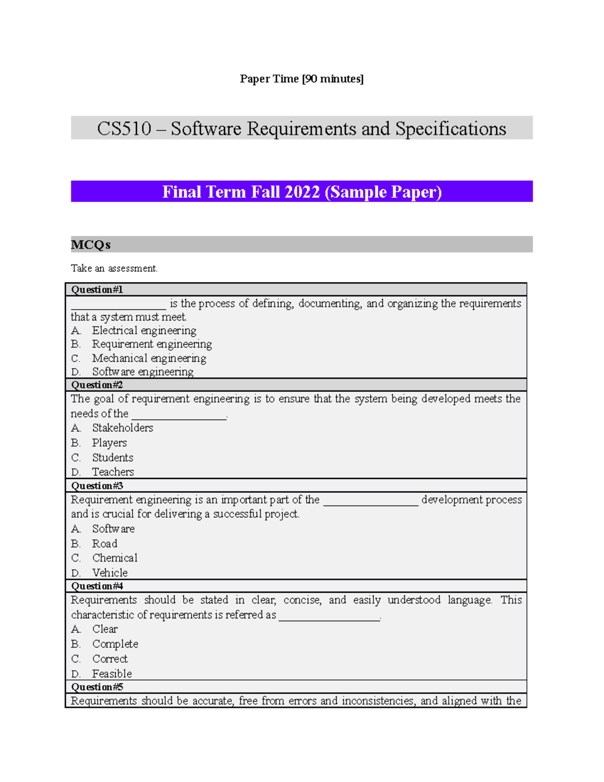 Final Paper Pattern - CS510 (Sample Paper) - Paper Time [90 minutes ...
