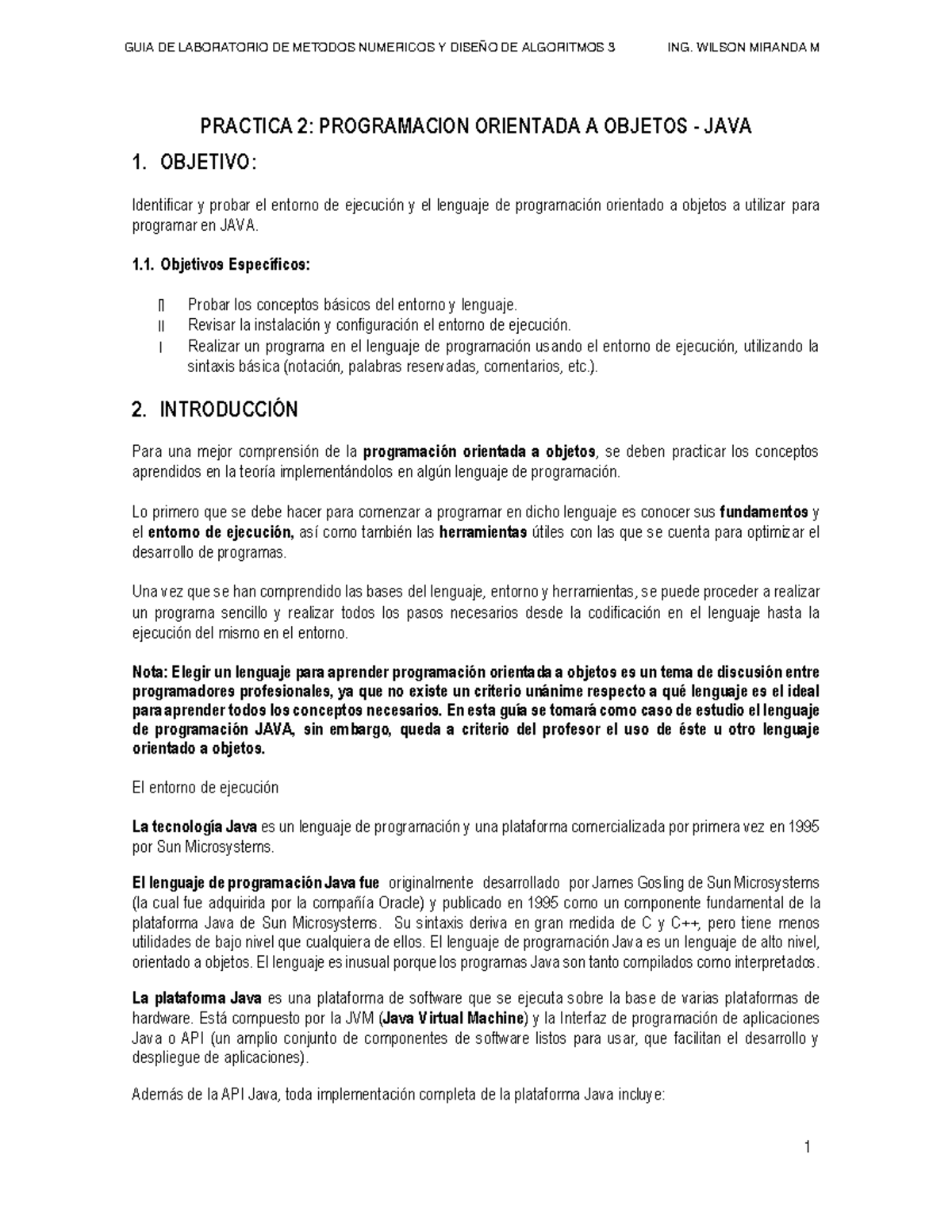 GUIA DE Laboratorio 2 - Guia - PRACTICA 2: PROGRAMACION ORIENTADA A OBJETOS - JAVA 1. OBJETIVO ...