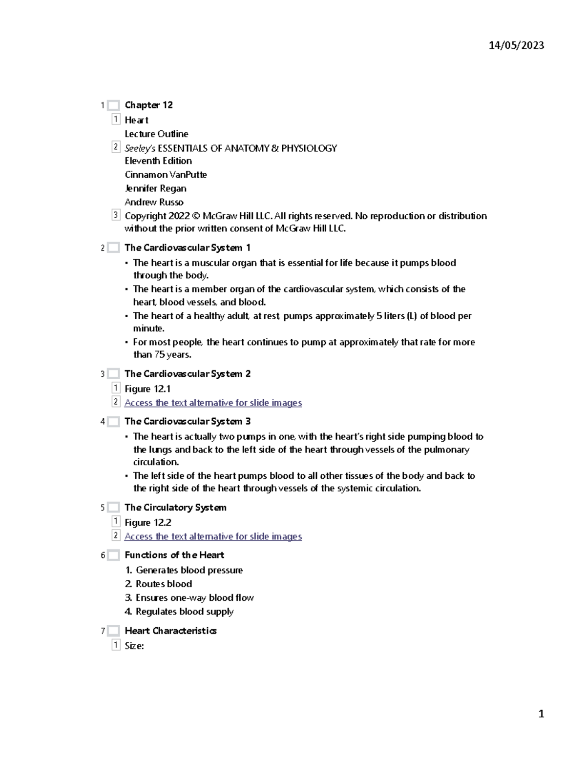 Ch.12 Heart - reviewer notes - Chapter 12 Heart Lecture Outline Seeley ...