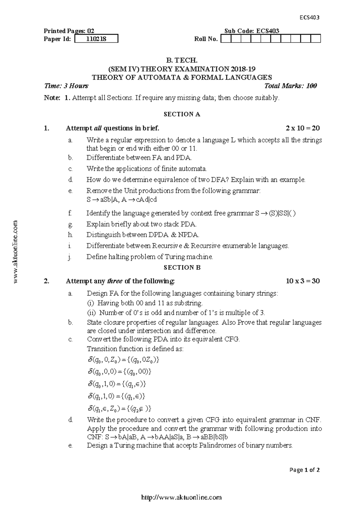 Btech cs 4 sem theory of automata and formal languages ecs403 2019 - ECS Page 1 of 2 Printed ...