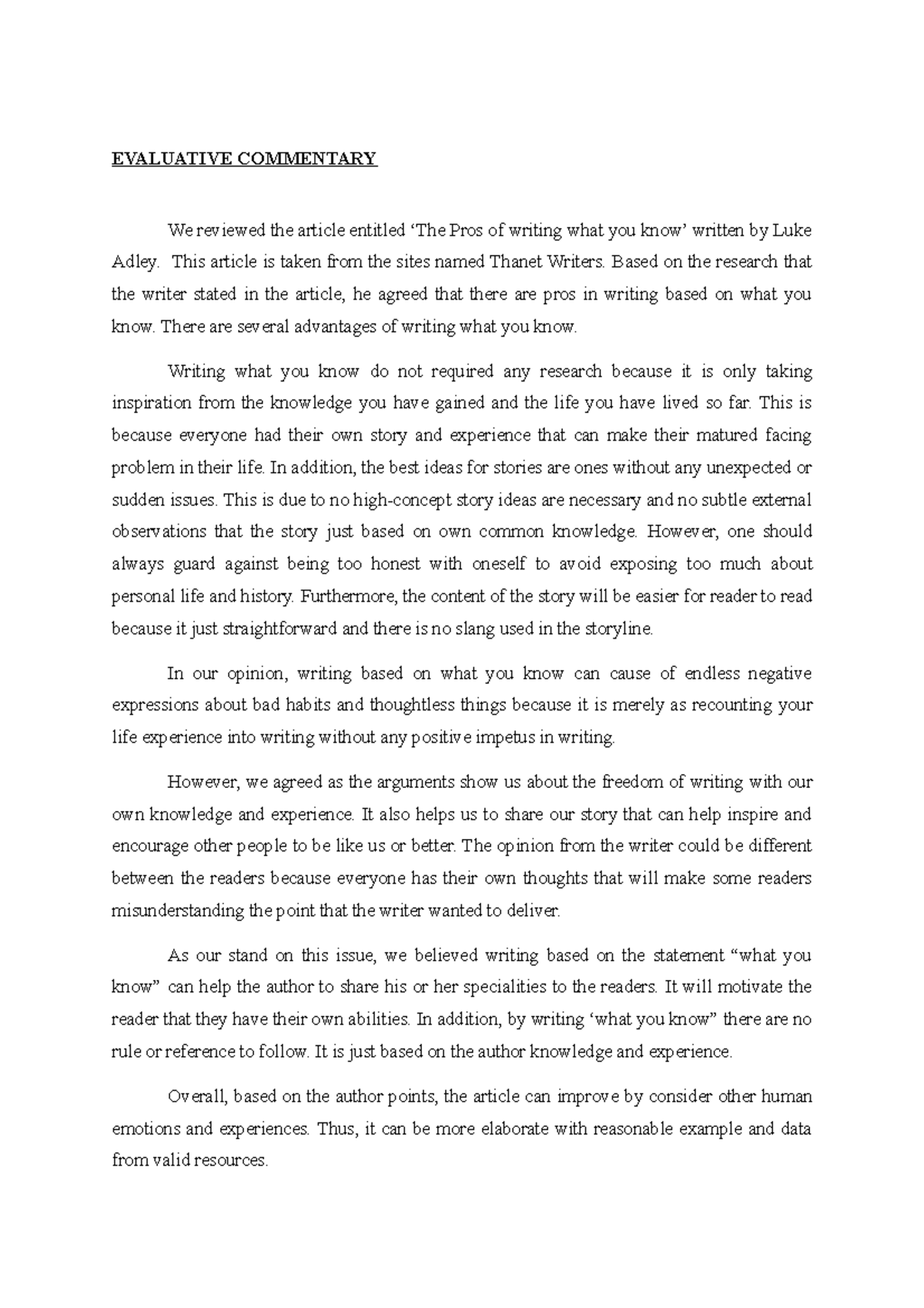 Evaluative Commentary - EVALUATIVE COMMENTARY We reviewed the article ...