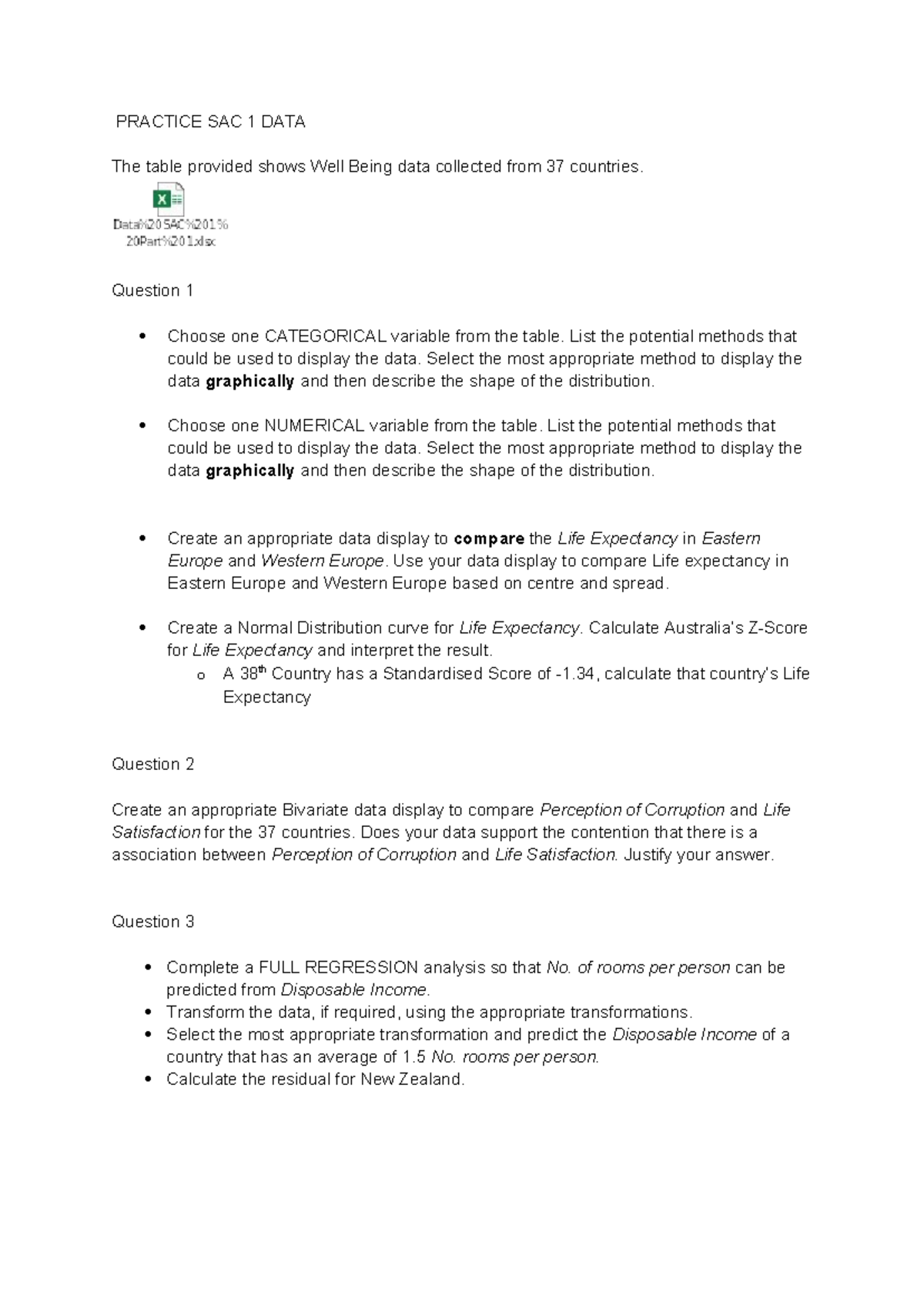 SAC 1 Practice Task - PRACTICE SAC 1 DATA The table provided shows Well ...