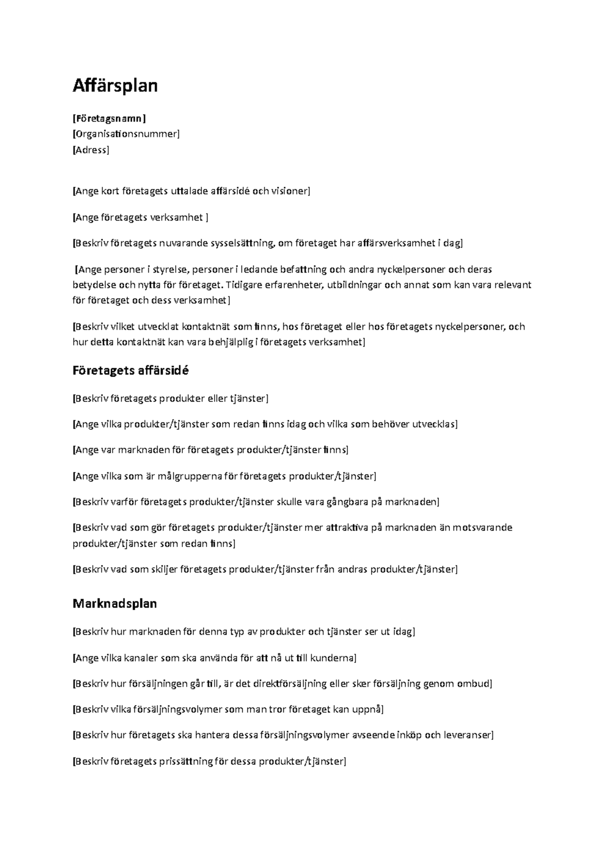 Affärsplan - Affärsplan [Företagsnamn] [Organisationsnummer] [Adress ...