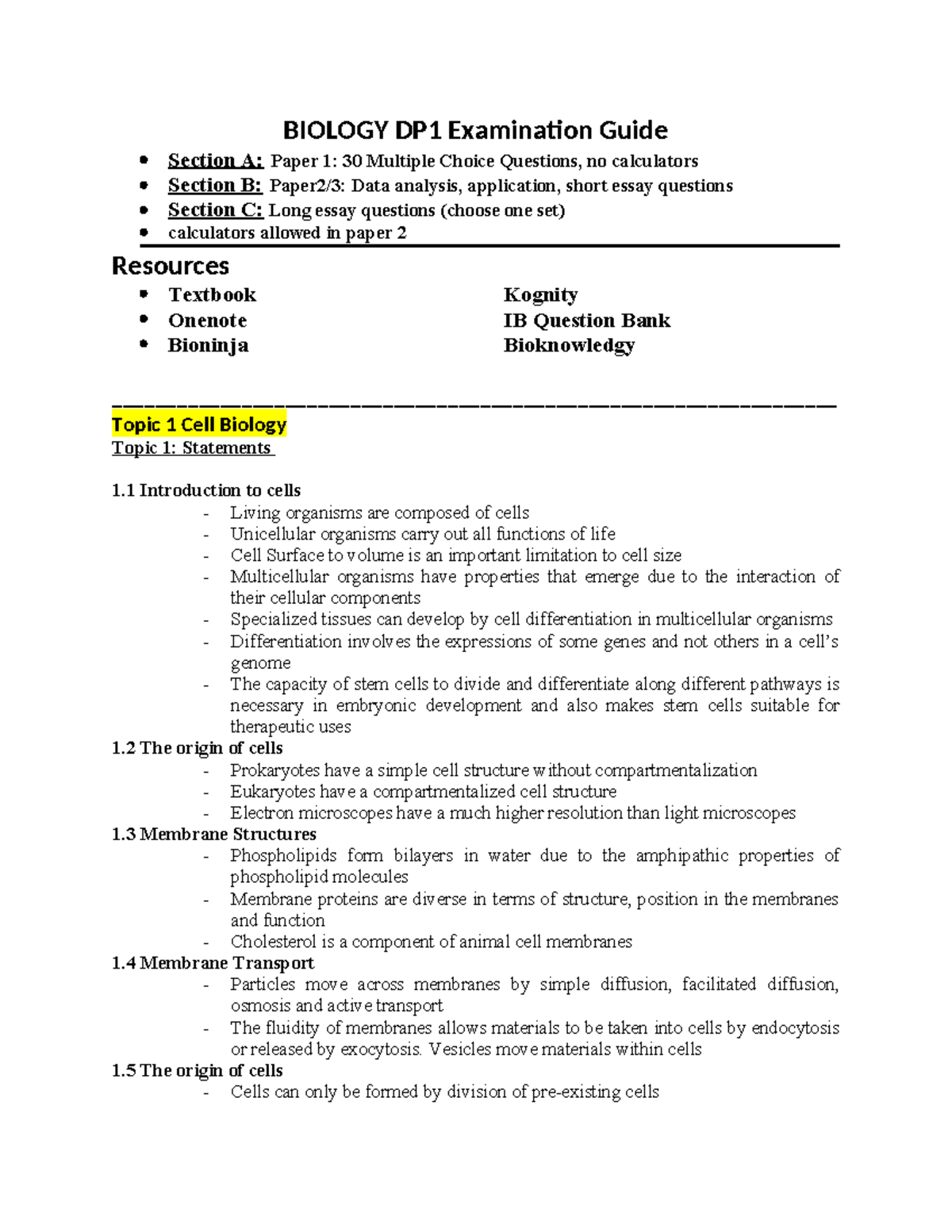 BIO-DP1-HL- Examination Guide - BIOLOGY DP1 Examination Guide Section A ...