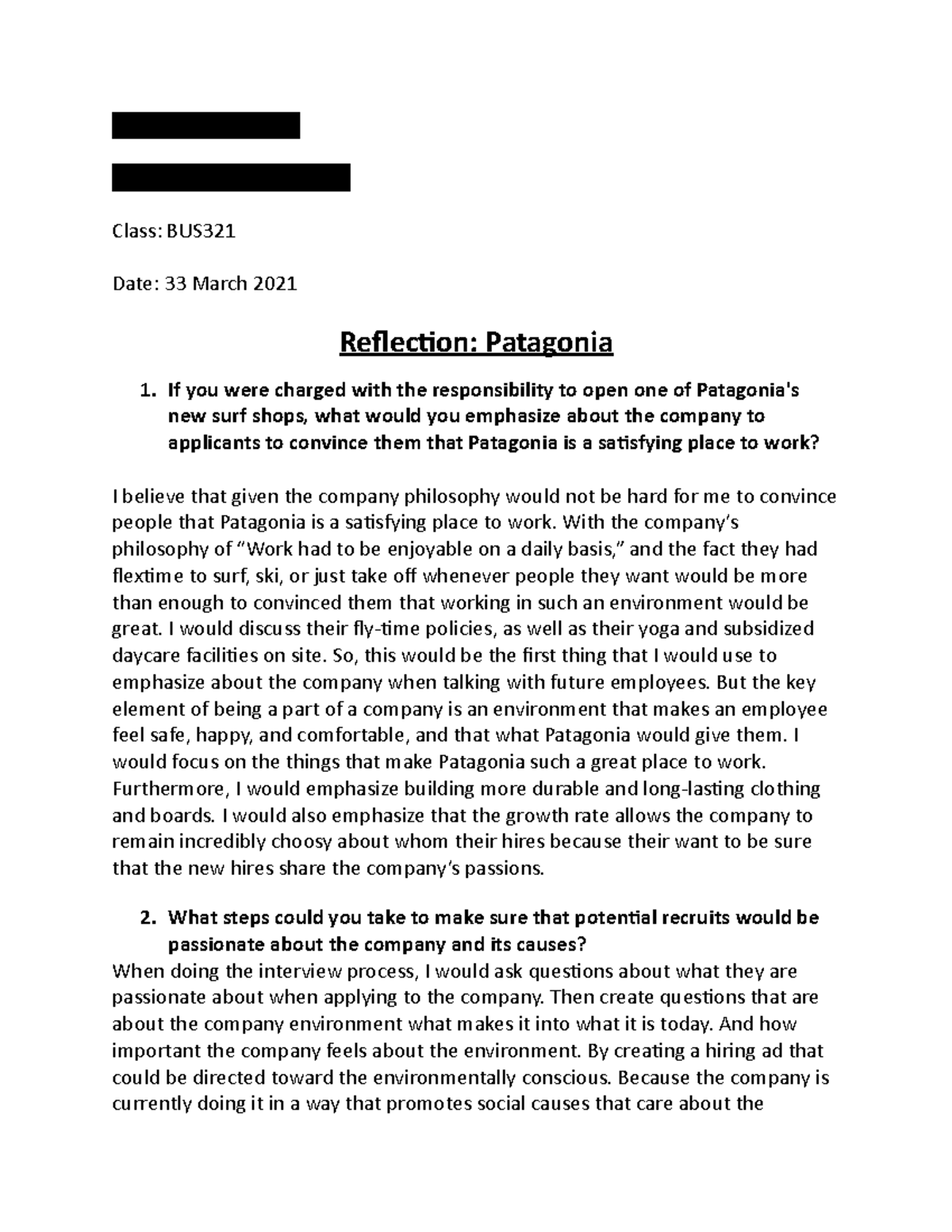 W12 Reflection Patagonia.docx - Student: Kelvin Rowe Teacher: Brother ...