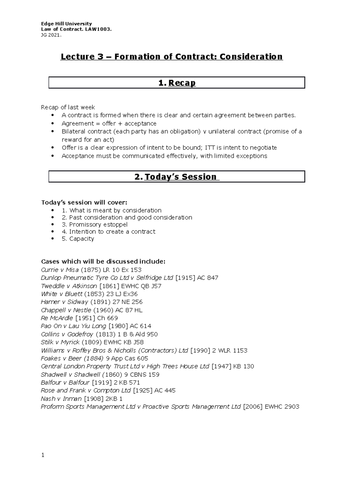 Consideration-contract law - Law of Contract. LAW1003. JG 2021. Lecture ...