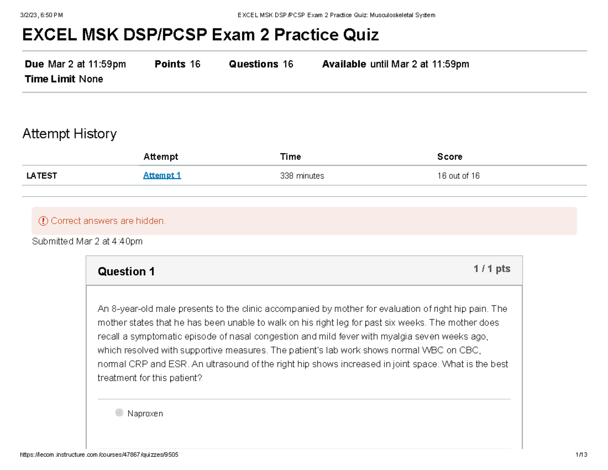 Excel MSK DSP PCSP Exam 2 Practice Quiz Musculoskeletal System - EXCEL ...