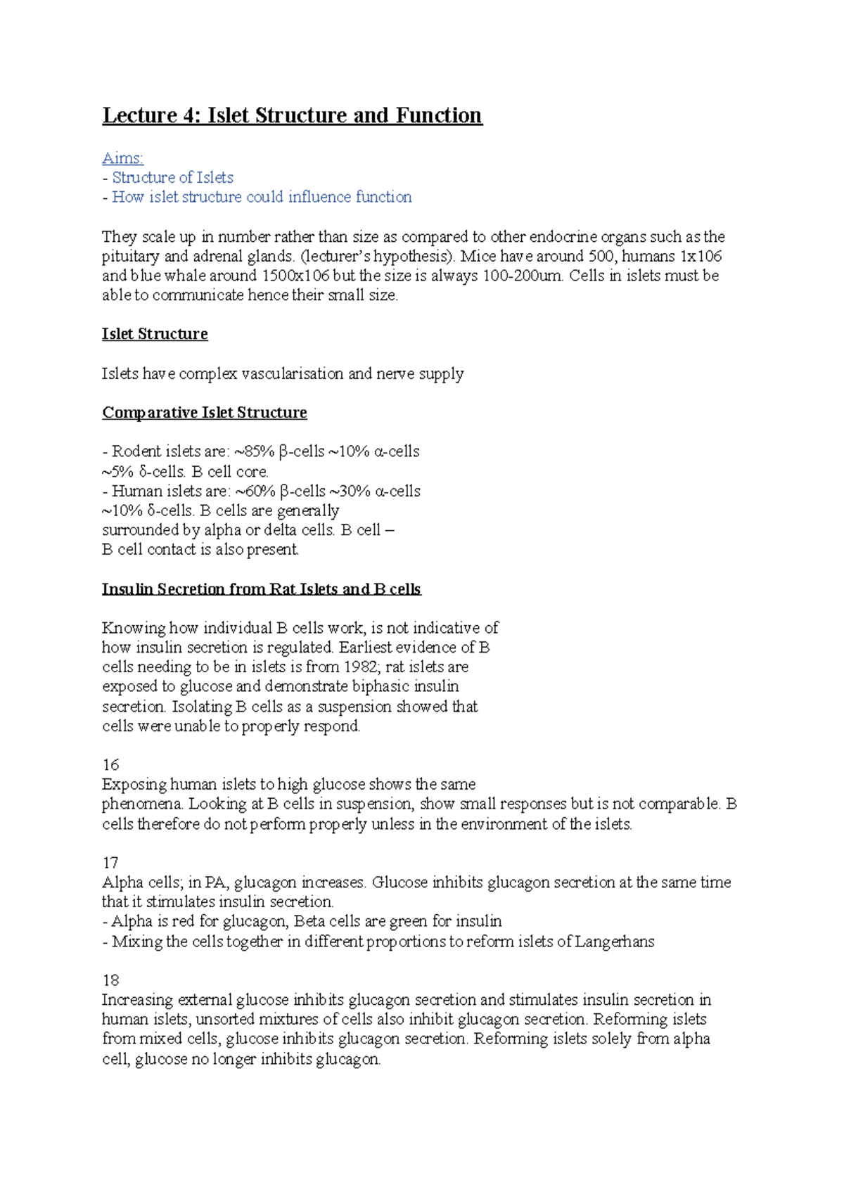 Lecture 4- Islet Structure and Function - 6BBL0394 - KCL - Studocu