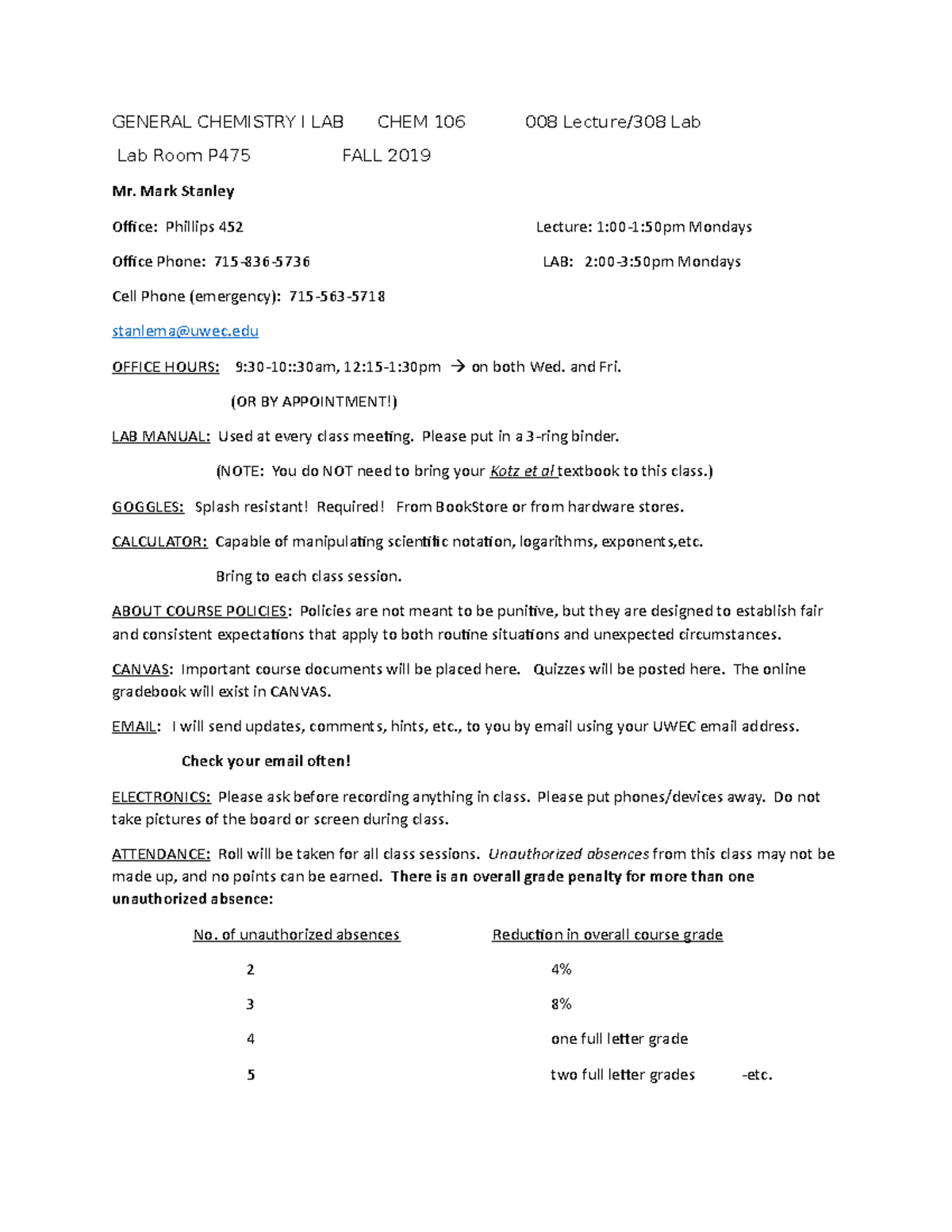 Syllabus 106 Fall 2019 - GENERAL CHEMISTRY I LAB CHEM 106 008 Lecture ...