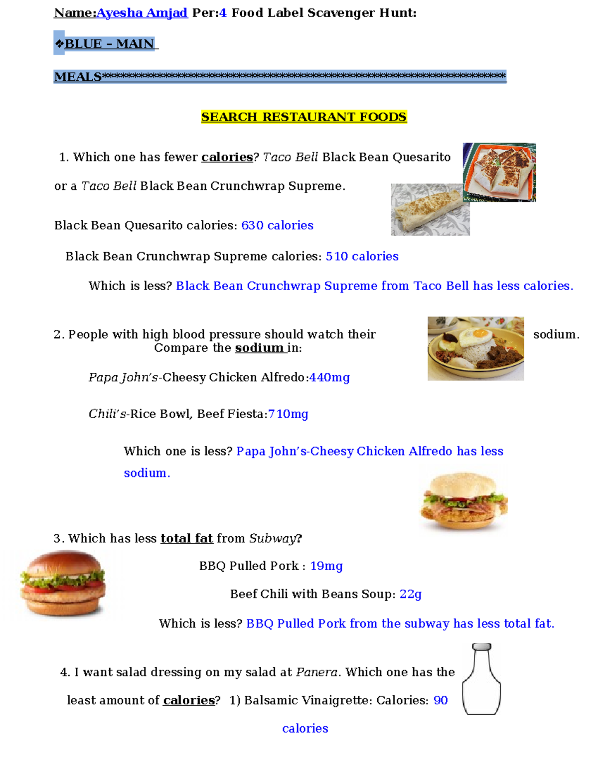 Copy of edited Food Scavenger Hunt - Name:Ayesha Amjad Per: 4 Food ...
