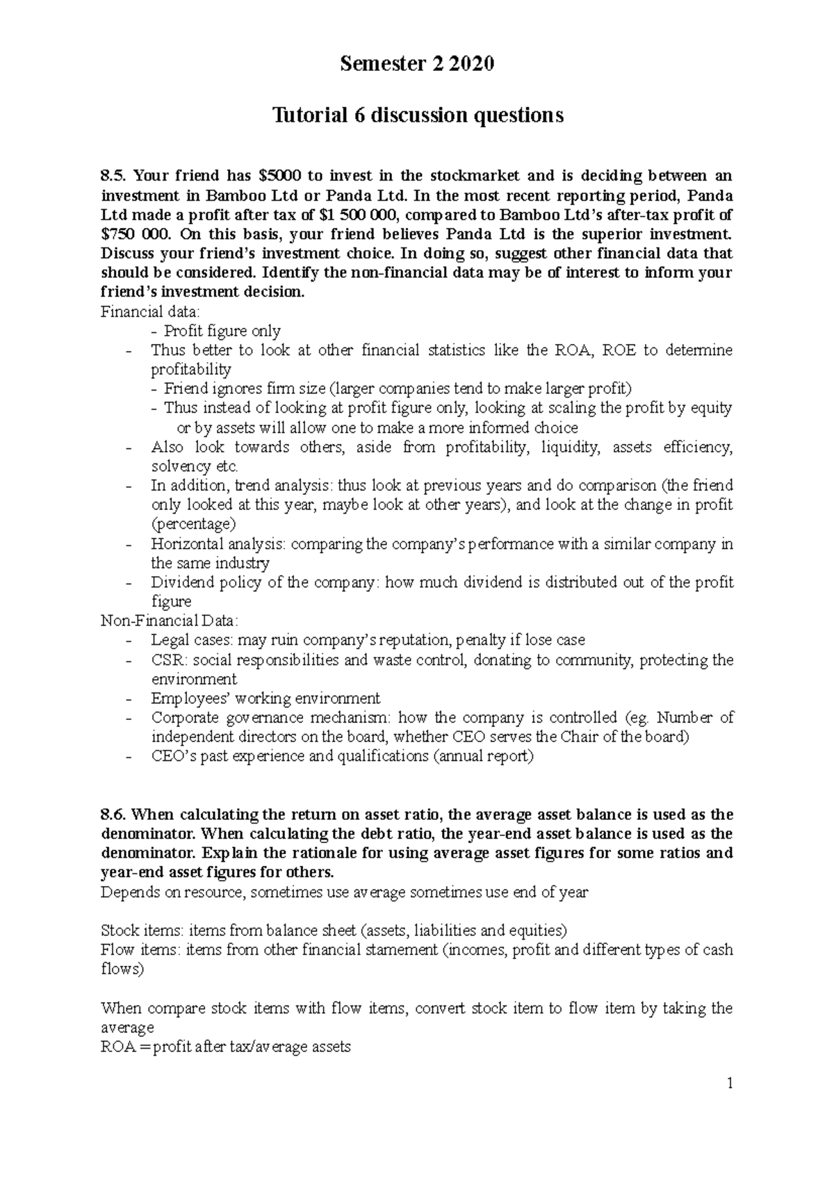 BUSN1001 S2 2020 Tutorial 6 discussion questions - Semester 2 2020 ...