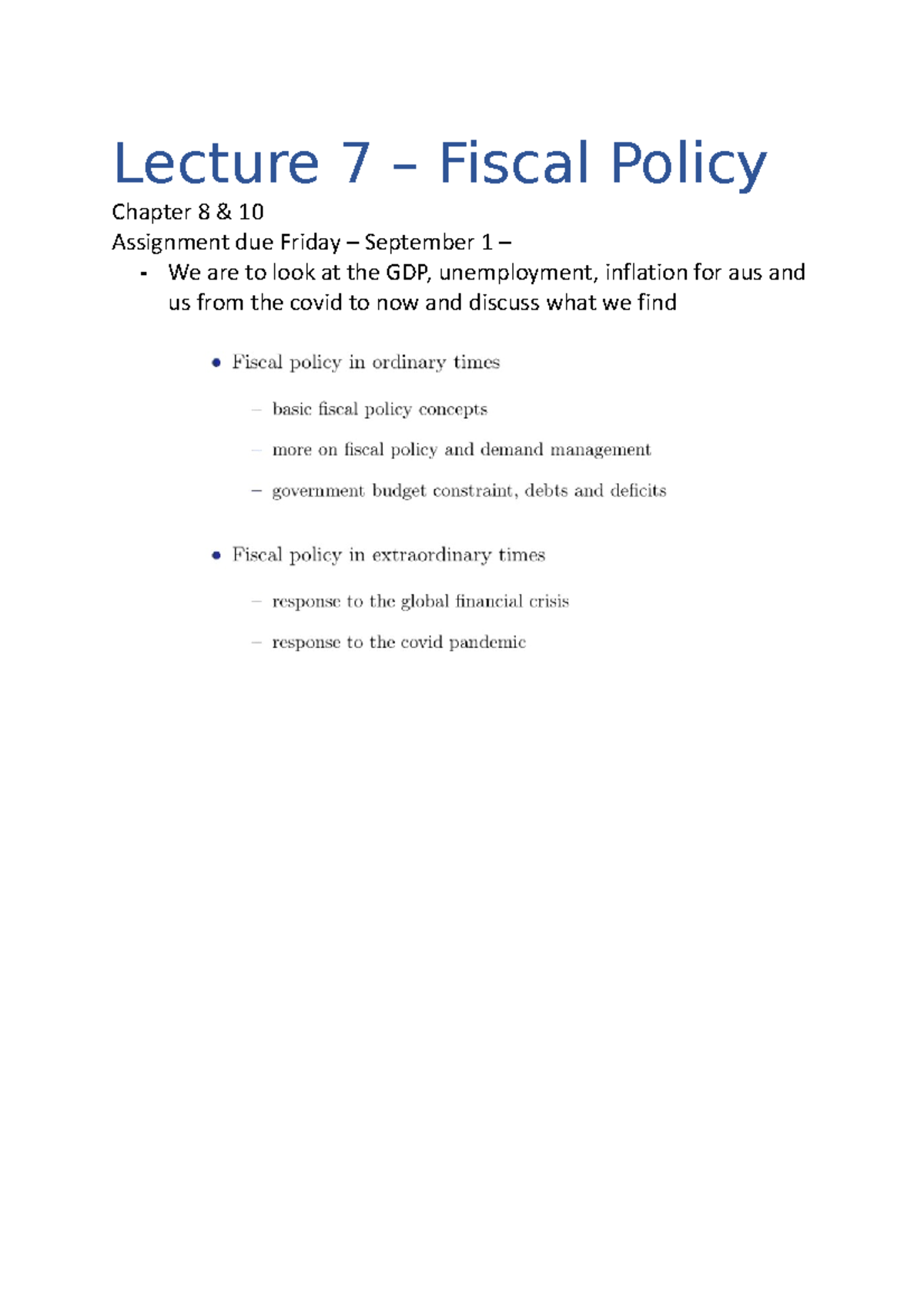 Lecture 7 - tut note - Lecture 7 – Fiscal Policy Chapter 8 & 10 ...