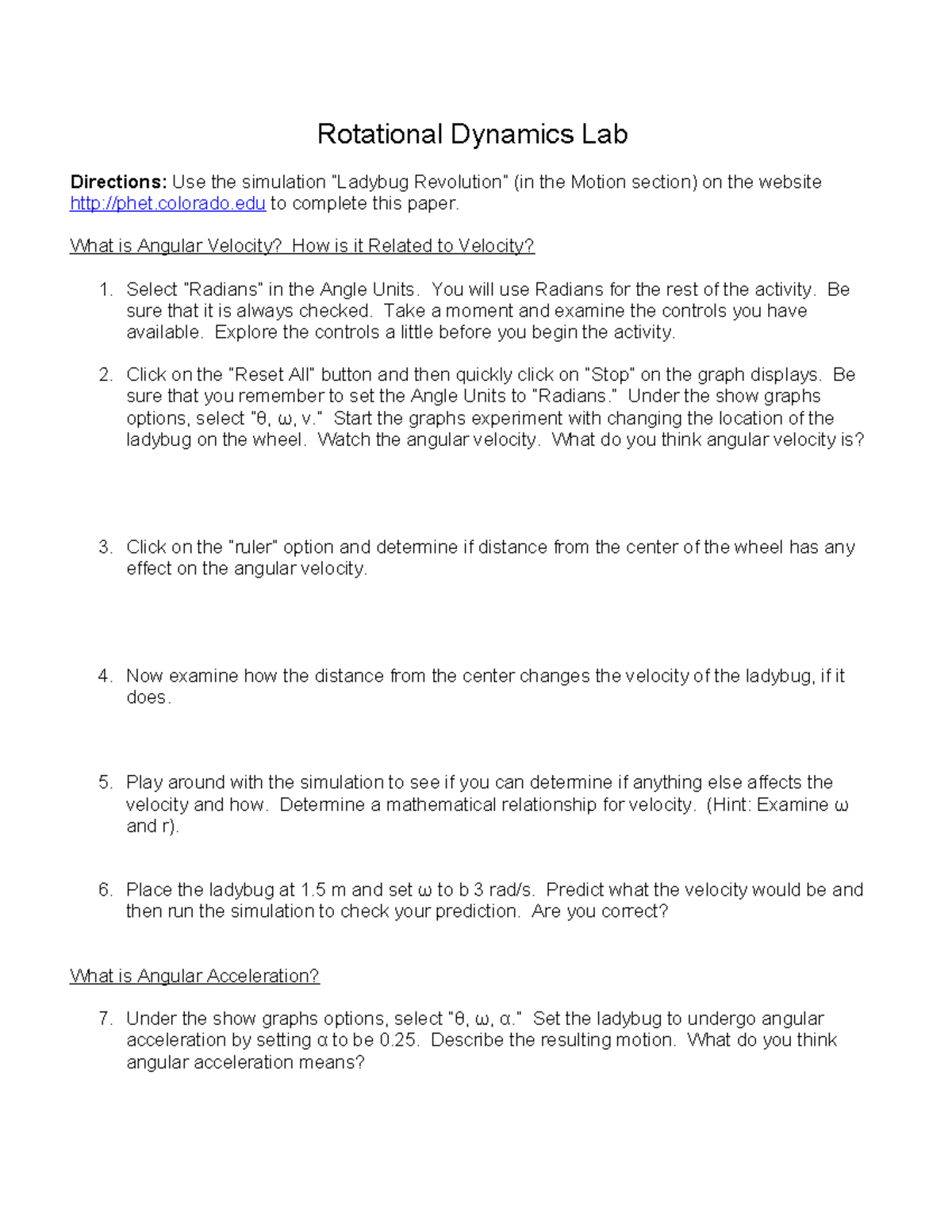 Lab-Rotational Dynamics - colorado to complete this paper. What is Angular Velocity? How is it ...