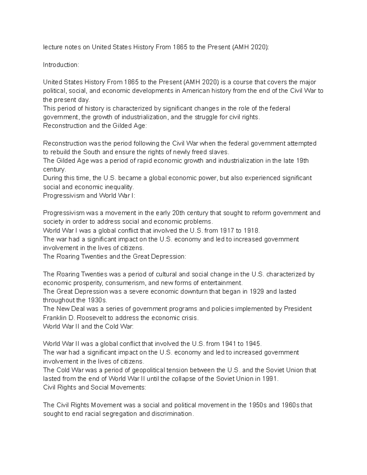 United States History From 1865 to the Present (AMH 2020) - lecture ...