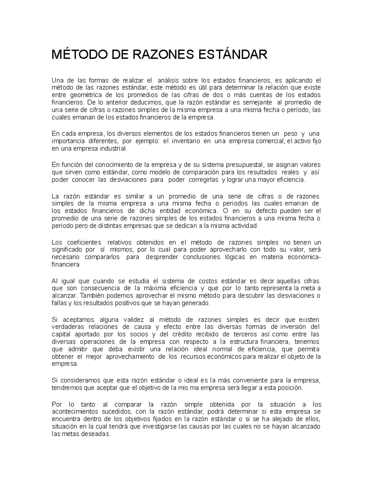 Razones estandar - MÉTODO DE RAZONES ESTÁNDAR Una de las formas de ...