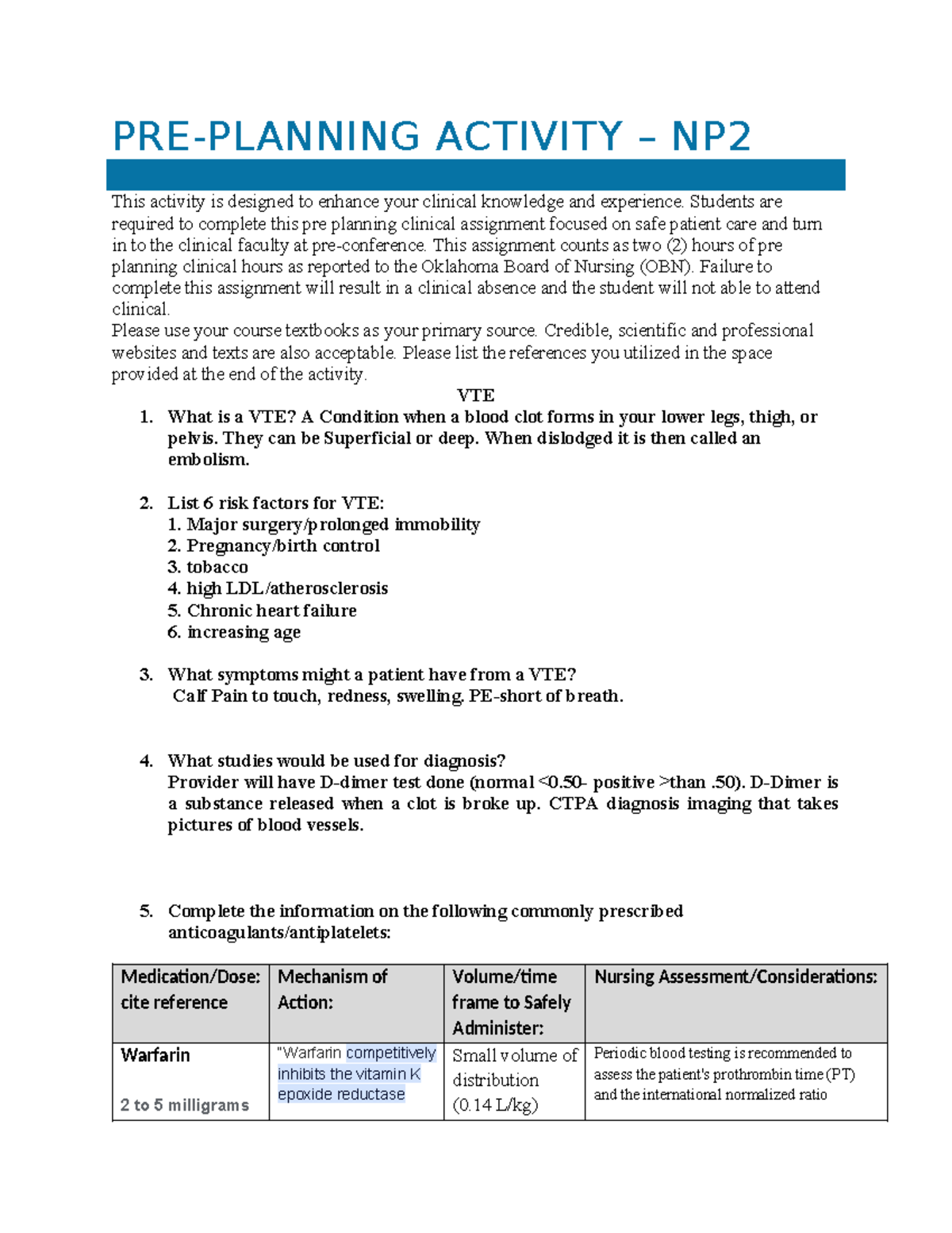 Pre Plan NP2 VTE propylaxis student - PRE-PLANNING ACTIVITY – NP This ...