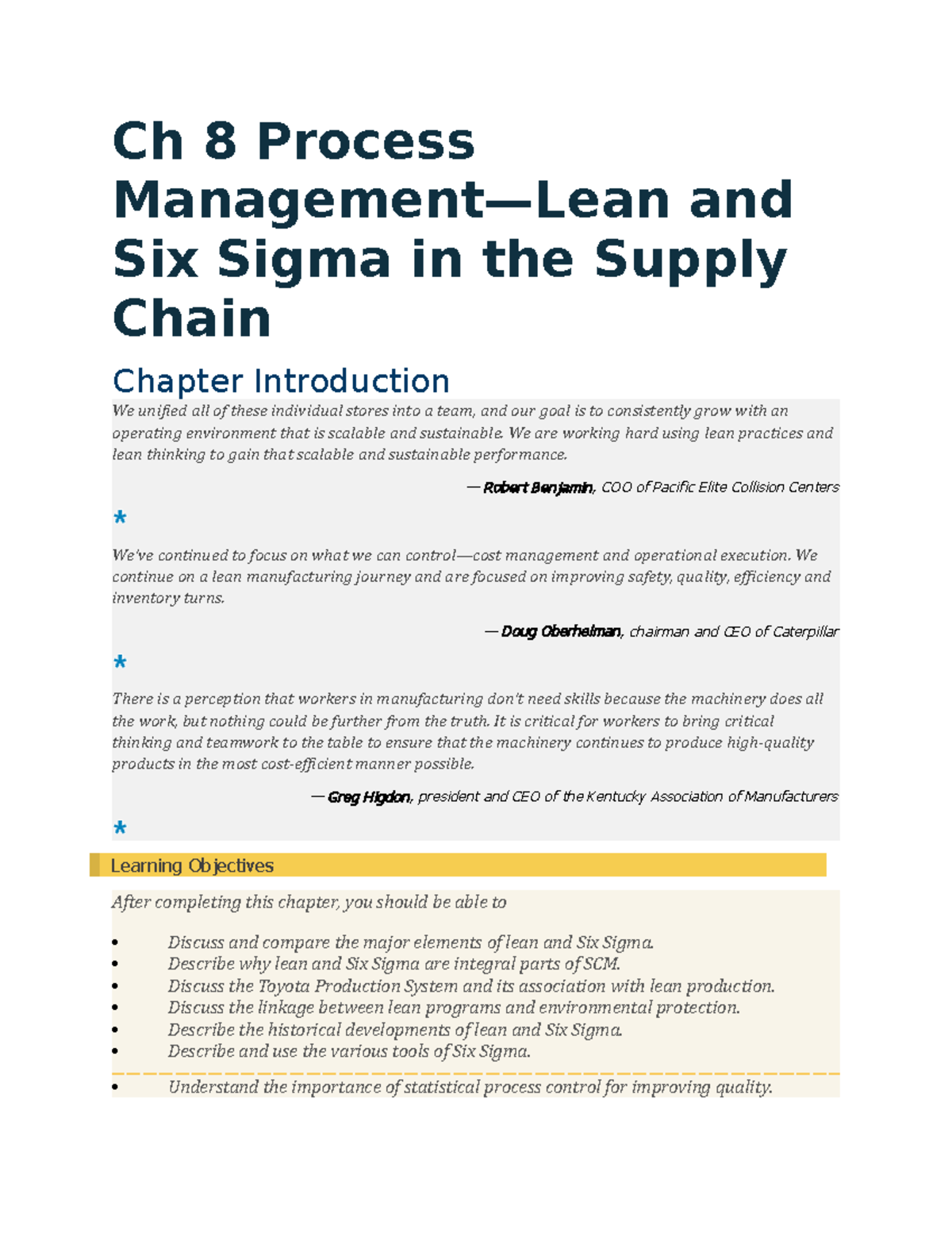 Ch 8 - notes - Ch 8 Process Management—Lean and Six Sigma in the Supply ...