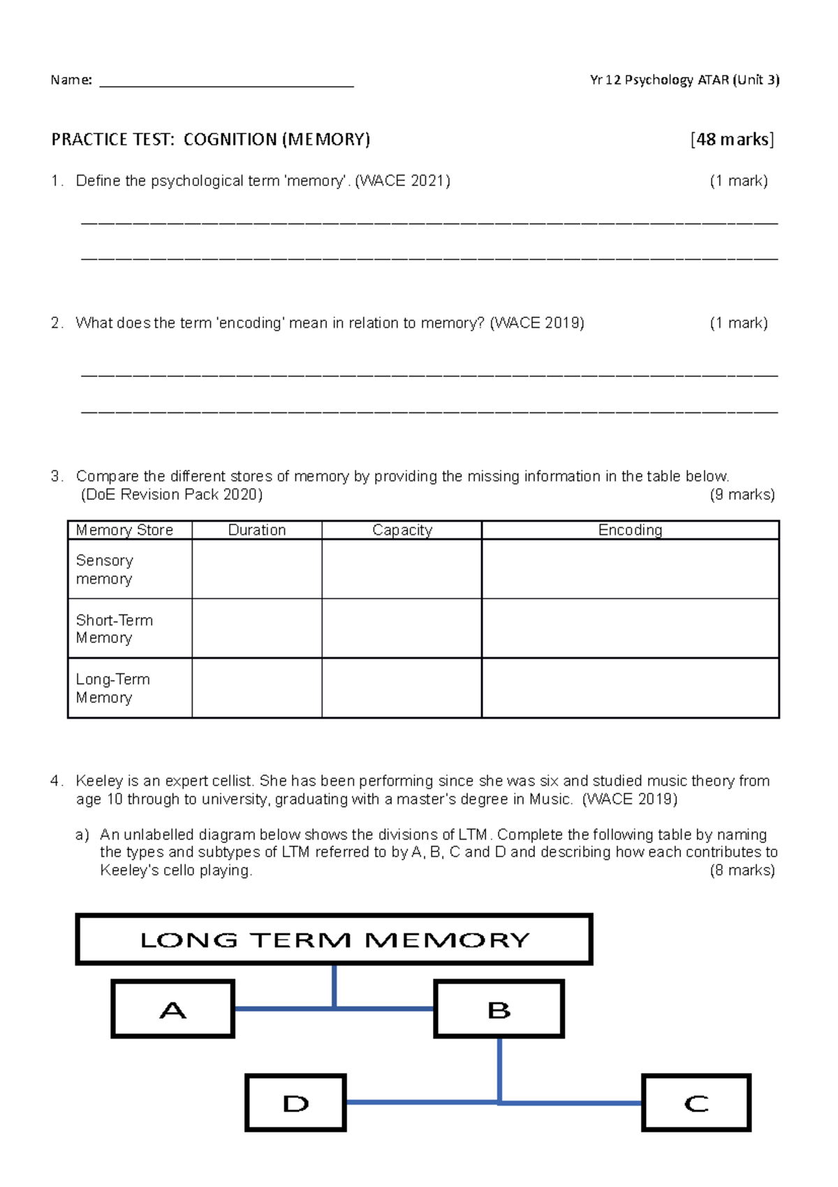 Practice Test-Cognition Memory - Name ...
