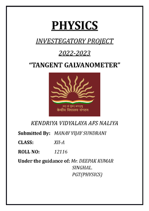 Physics - Investegatory project on "Tangent Galvanometer" - PHYSICS INVESTEGATORY PROJECT 2022 ...