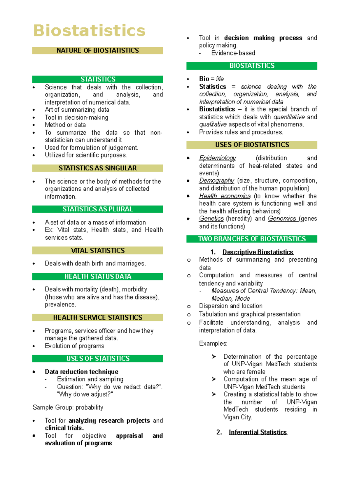 Notes - 1 - Biostatistics NATURE OF BIOSTATISTICS STATISTICS Science ...