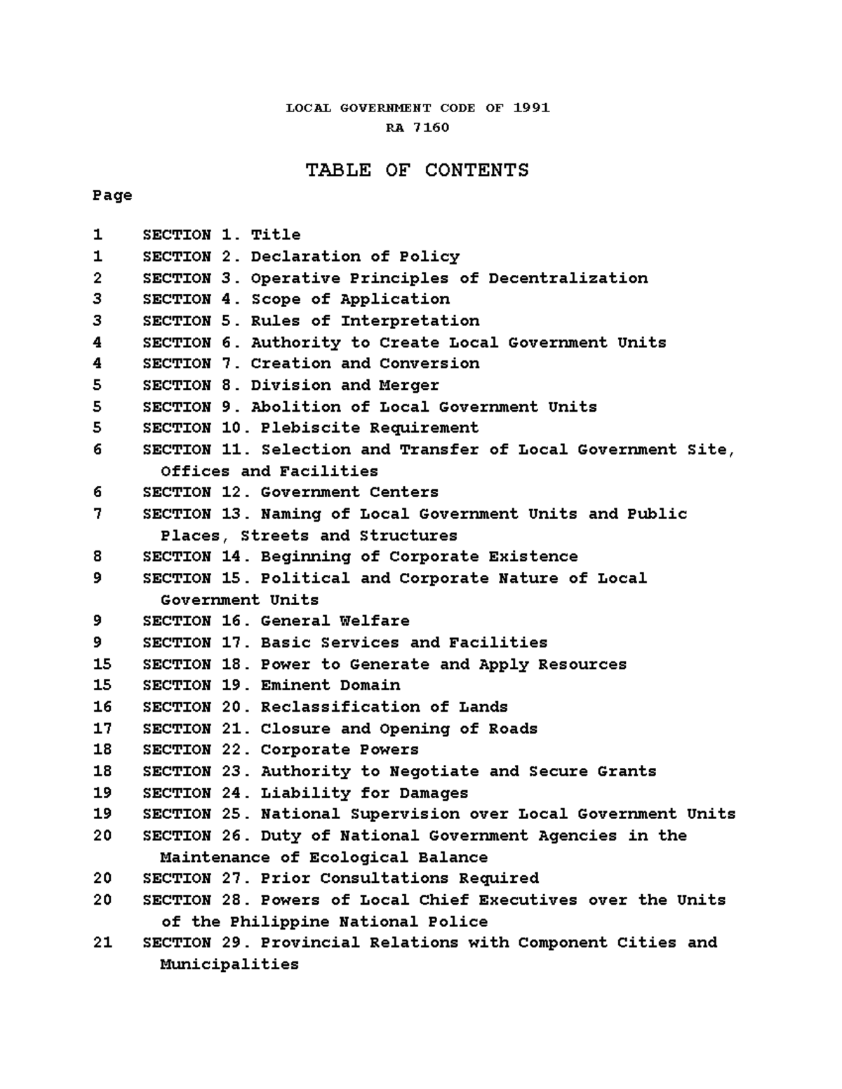 Table Of Contents Local Government CODE OF 1991 LOCAL GOVERNMENT CODE