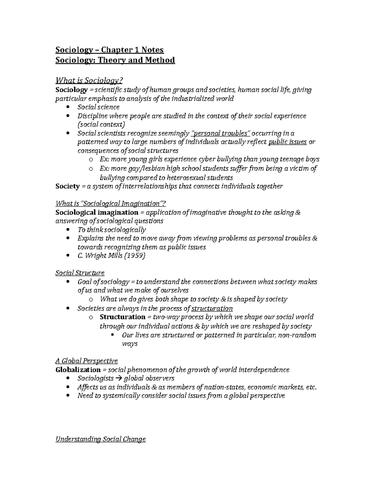Sociology – Chapter 1-3 Notes - Sociology – Chapter 1 Notes Sociology ...