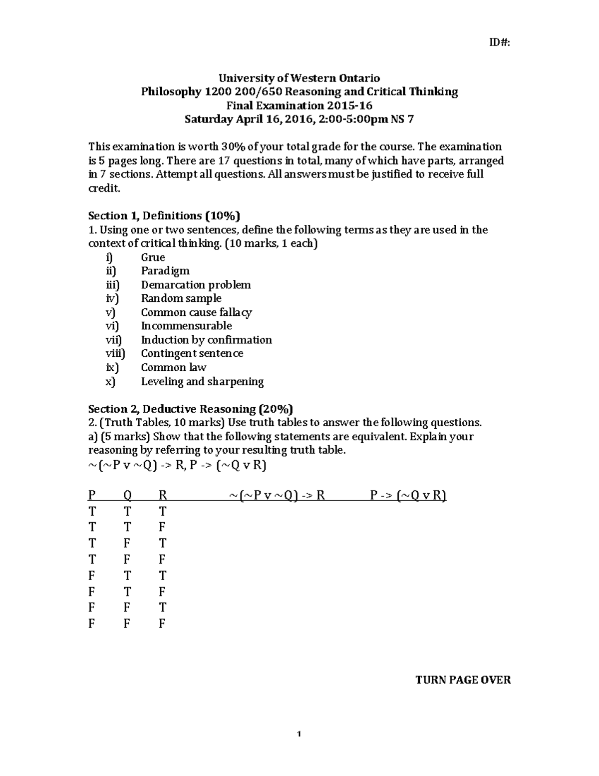 Philo 1200 Final Exam - 2015 - University of Western Ontario Philosophy ...