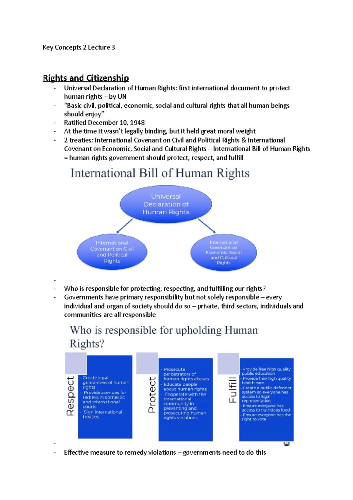 Key Concepts 2 Lecture Wk3 - Government has agreed to international bill of rights – were bound ...