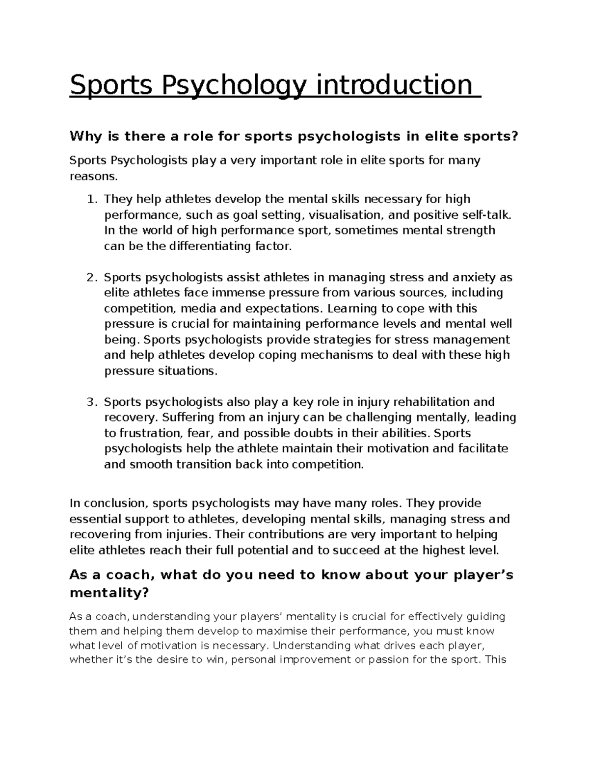 Sports psychology introductioin - Sports Psychology introduction Why is ...