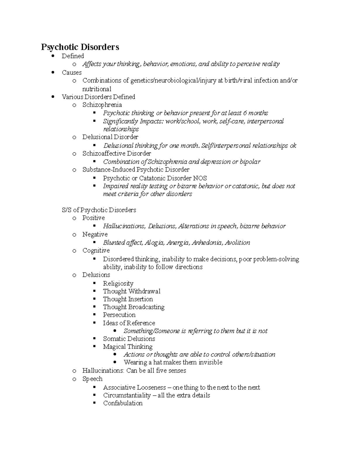 Lecture 4 Study Guide - Types of psychotic disorders and s/s ...