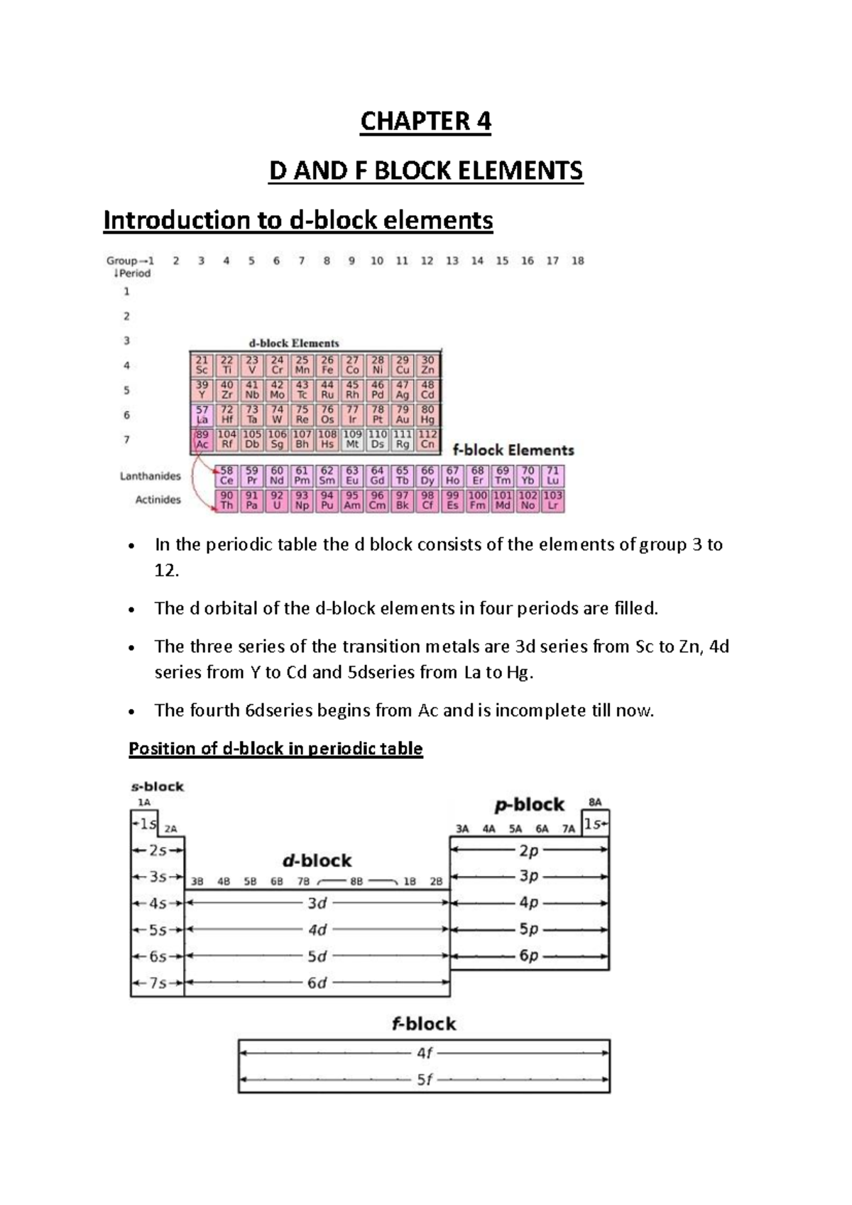 Chapter 4 - Ftt - CHAPTER 4 D AND F BLOCK ELEMENTS Introduction to d ...