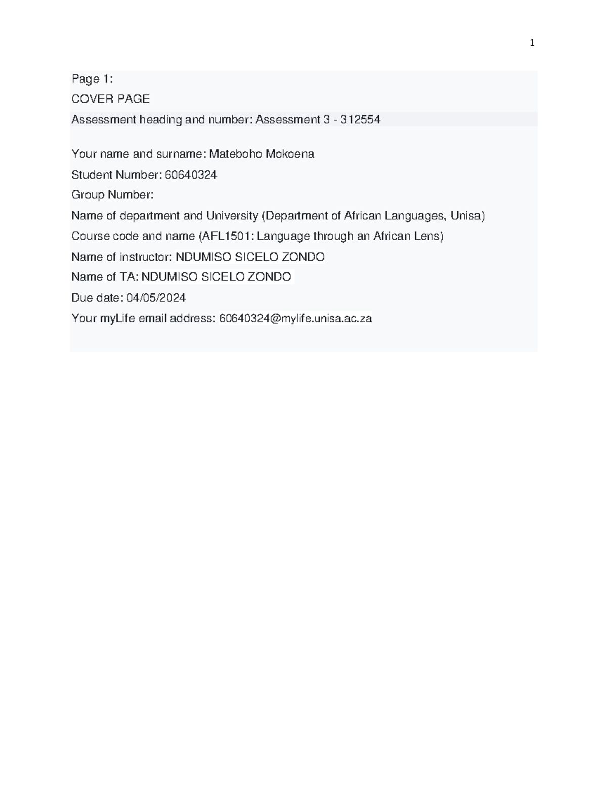 Assessment 3 - 312554 Student AFL1501 - Page 1: COVER PAGE Assessment heading and number ...