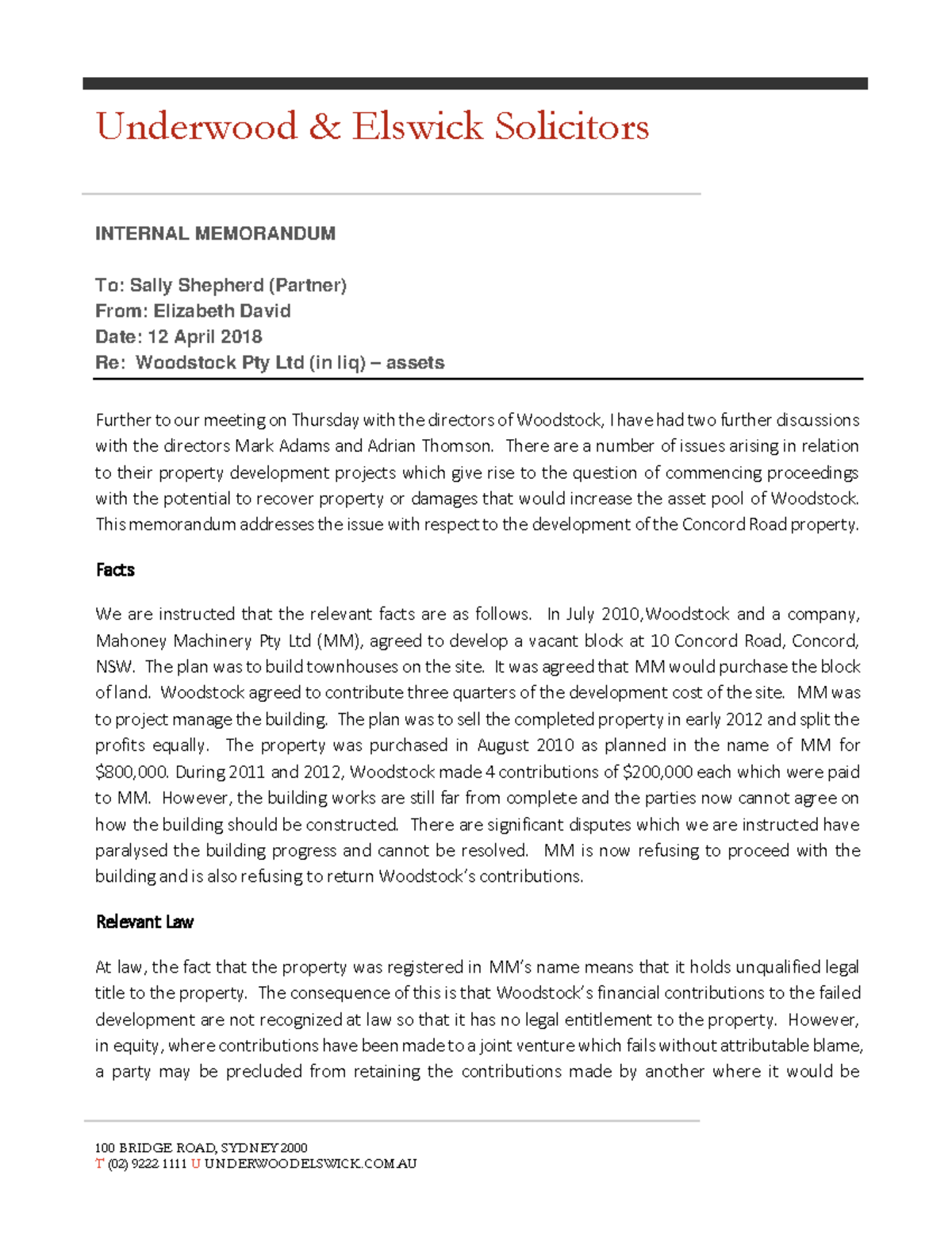 Example Solicitor File Note-1 - 1 00 BRIDGE ROAD, SYDNEY 2000 T (02 ...