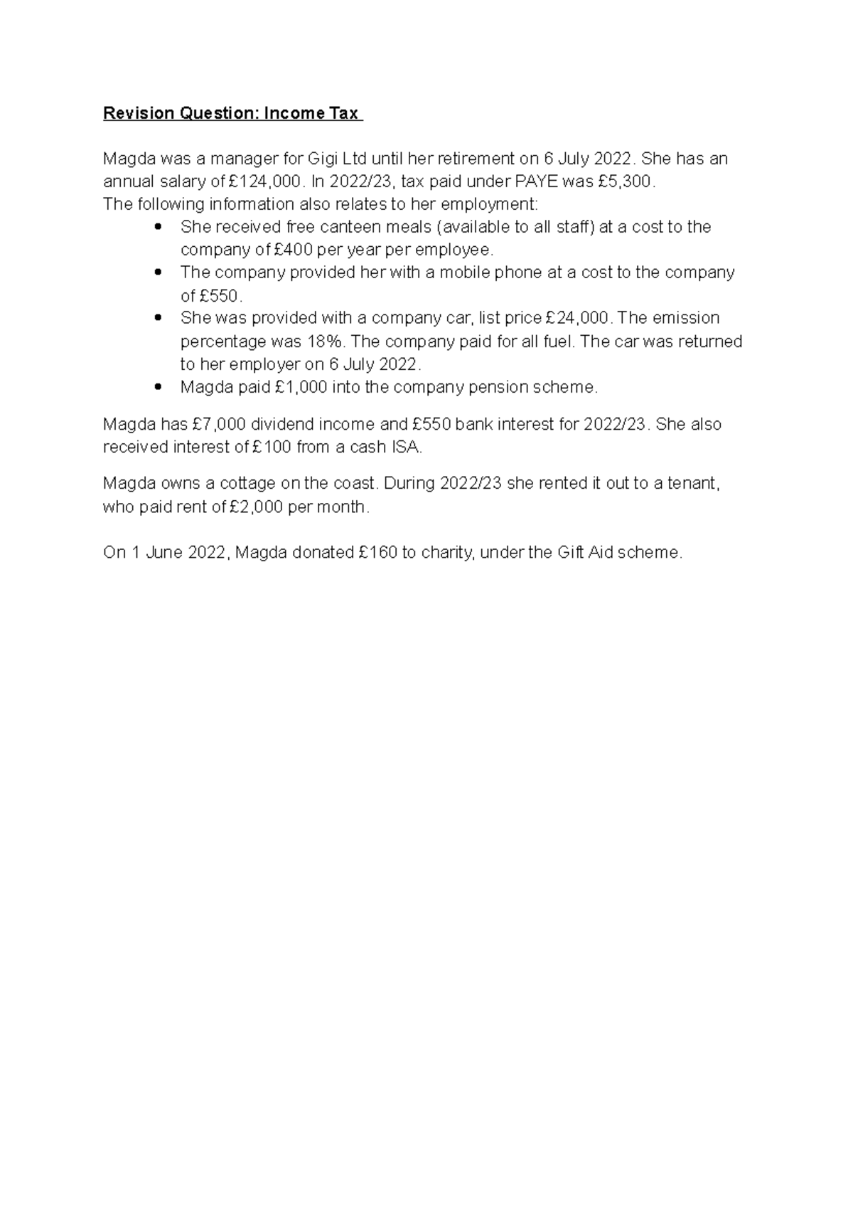 Tax revision and past paper - Revision Question: Income Tax Magda was a ...