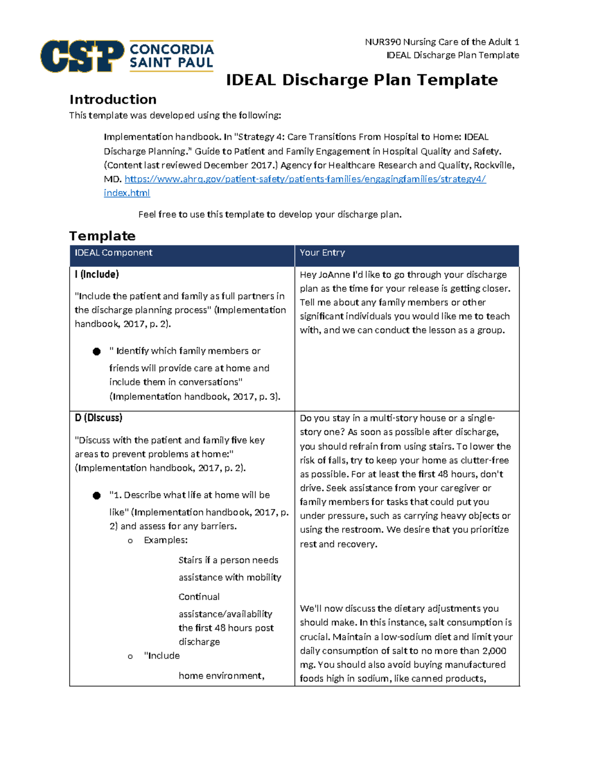 Copy of NUR390 Ideal Discharge Plan Template - IDEAL Discharge Plan ...