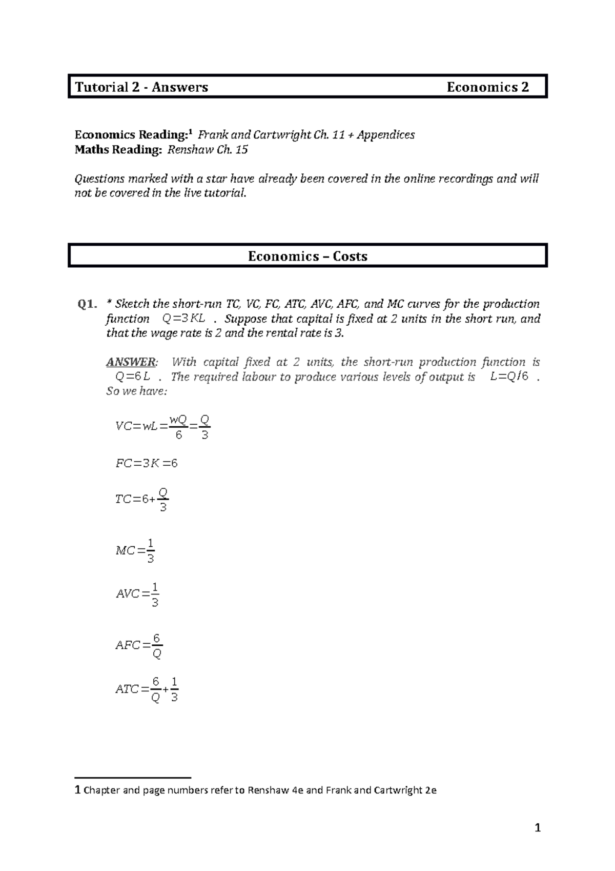 Tutorial 2 - Q & A Introduction to Math Econ ECON10192 - ECON10192 ...