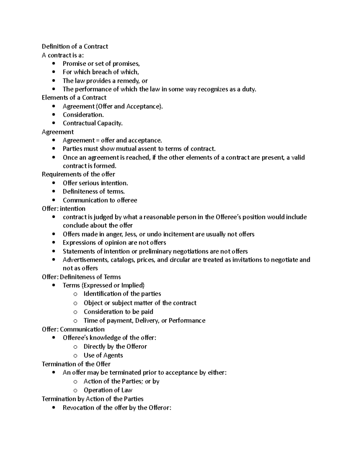 Contracts Lecture Notes 1 Definition Of A Contract A Contract Is A