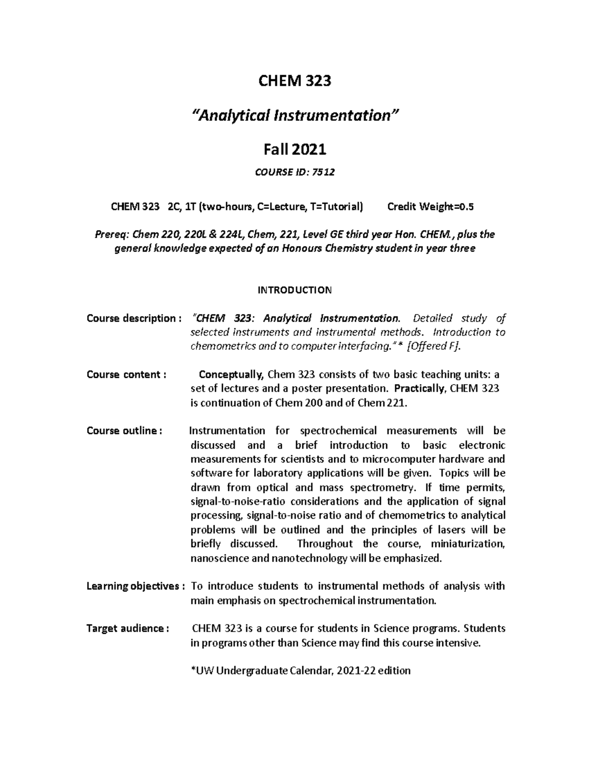 Course handout of chem 221 - CHEM 323 “Analytical Instrumentation” Fall ...