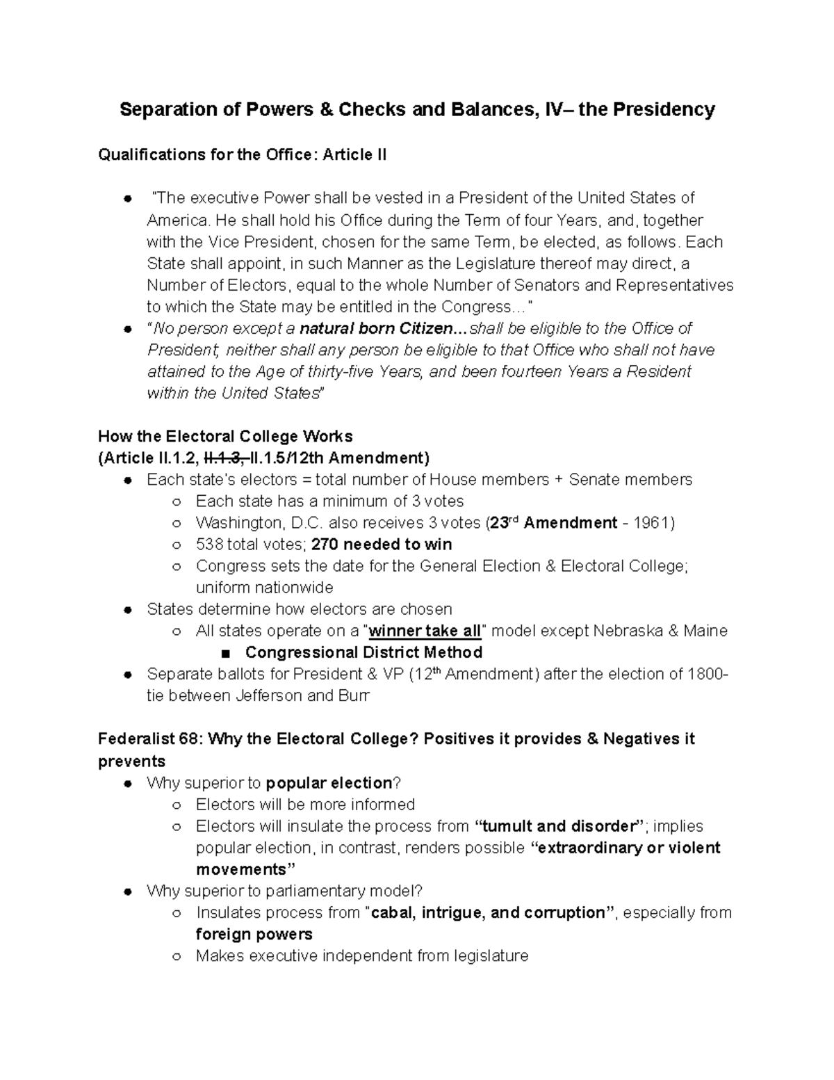 Poli sci unit 2 notes - Separation of Powers & Checks and Balances, IV ...