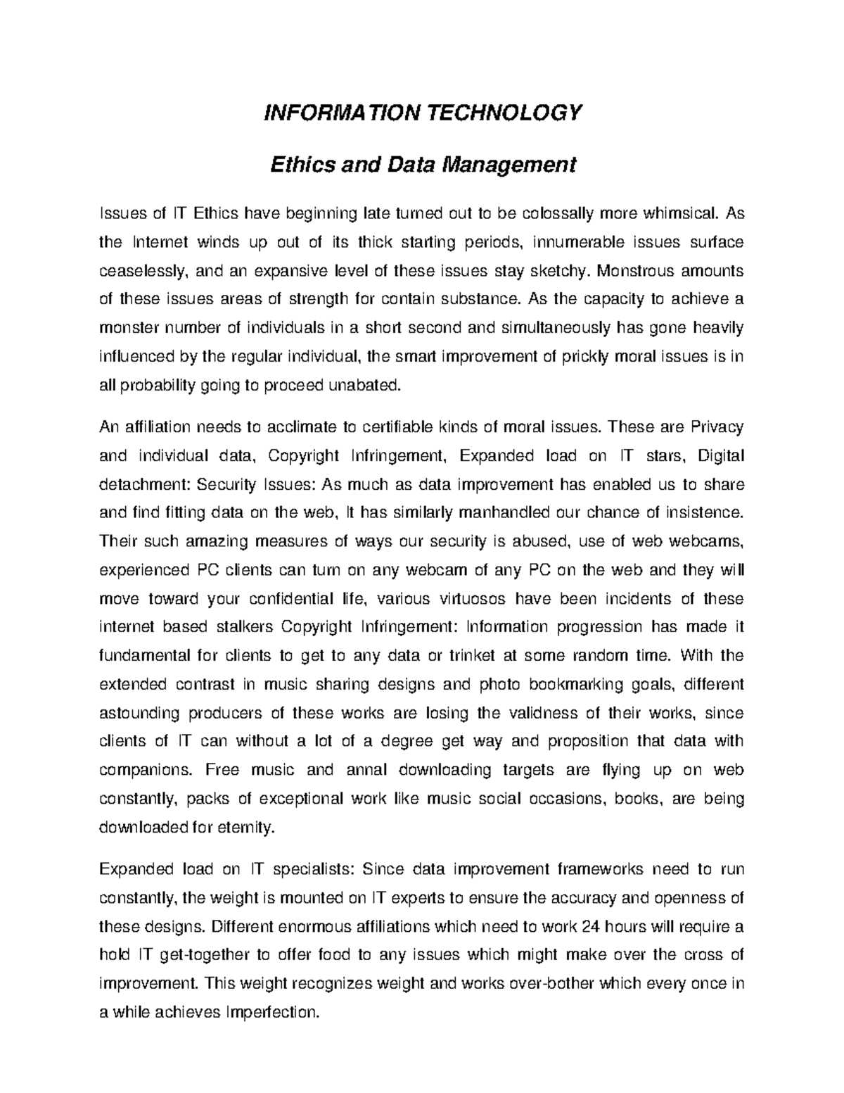 Ethics and Data Management - INFORMATION TECHNOLOGY Ethics and Data ...